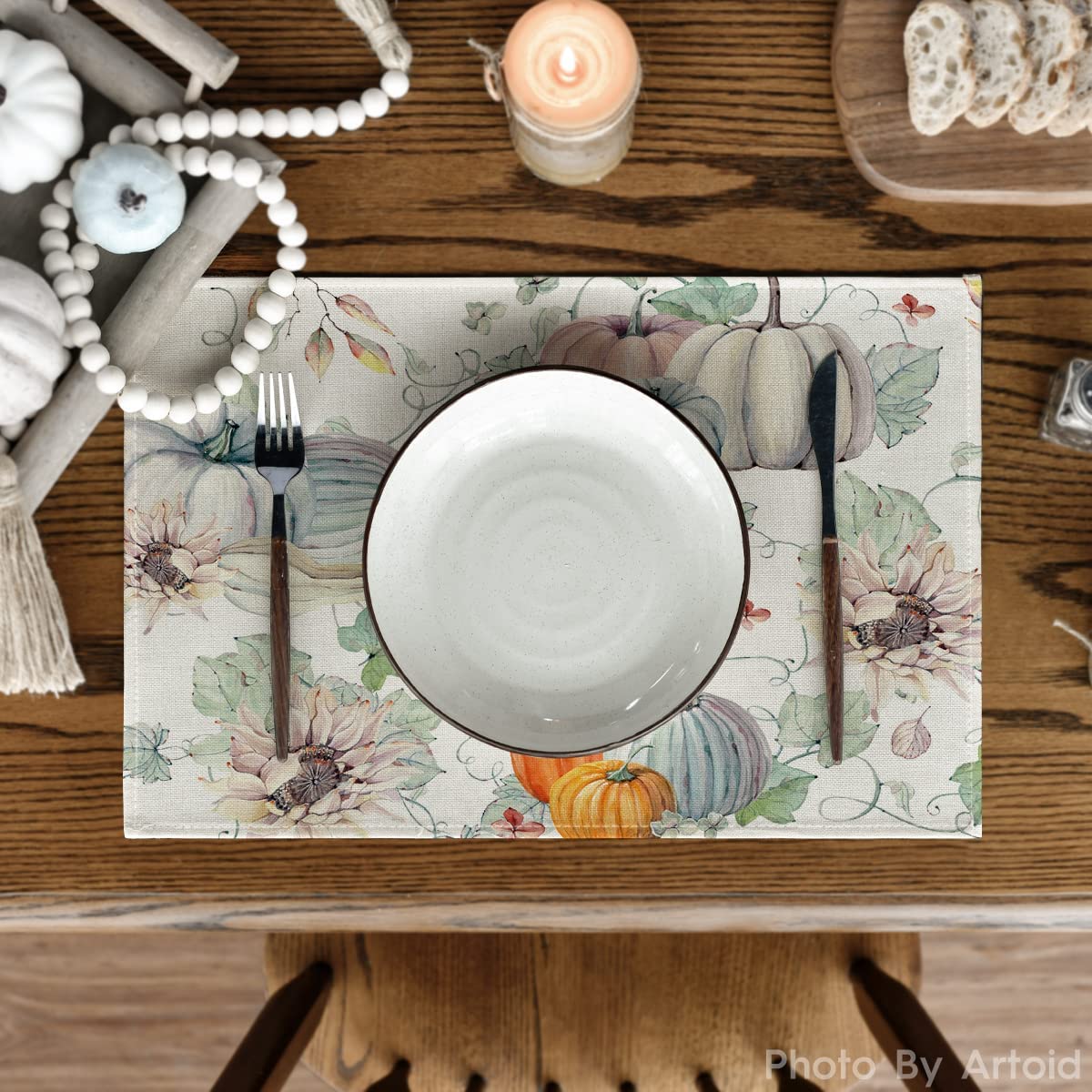 Artoid Mode Pumpkins Leaves Floral Fall Placemats Set of 4, 12x18 Inch Seasonal Autumn Thanksgiving Table Mats for Party Kitchen Dining Decoration