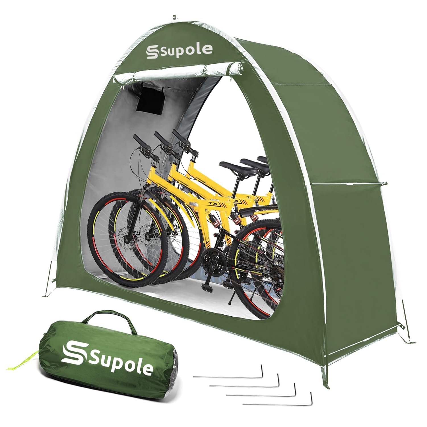 Supole Outdoor 2 to 3 Bike Storage Tent, 78.8 x 31.5 x 65 in Bicycle Shed, Extra Thick 210D Silver-Plated Oxford PU4000 Waterproof, Double Side Opening Portable Bikes Cover for Home Garden, Green