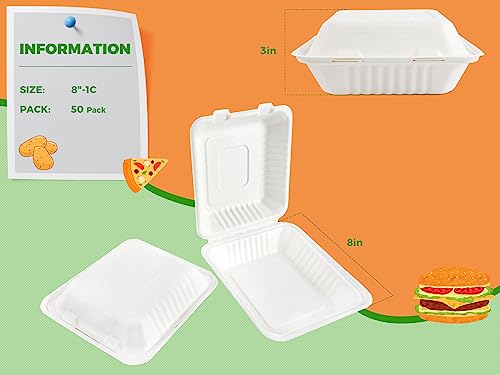 AUEAR, 8 Inch [50 Pack], Compostable Clamshell Take Out Food Containers, To Go Boxes for Food, Natural Disposable Clamshell Food Container, Eco-Friendly, Heavy - Duty To-Go Containers