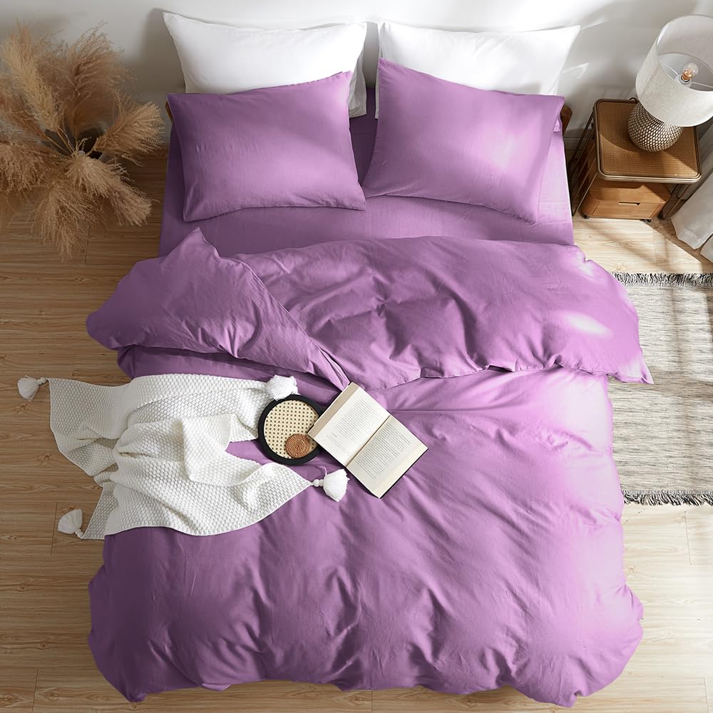 TUMEI 100% Linen Duvet Cover Set - Queen Size 3 Pieces Pure Linen Bedding Queen Comforter Cover Set Soft Breathable Durable Comforter Set 1 Duvet Cover and 2 Pillow Covers,Queen Size Basic Lilac