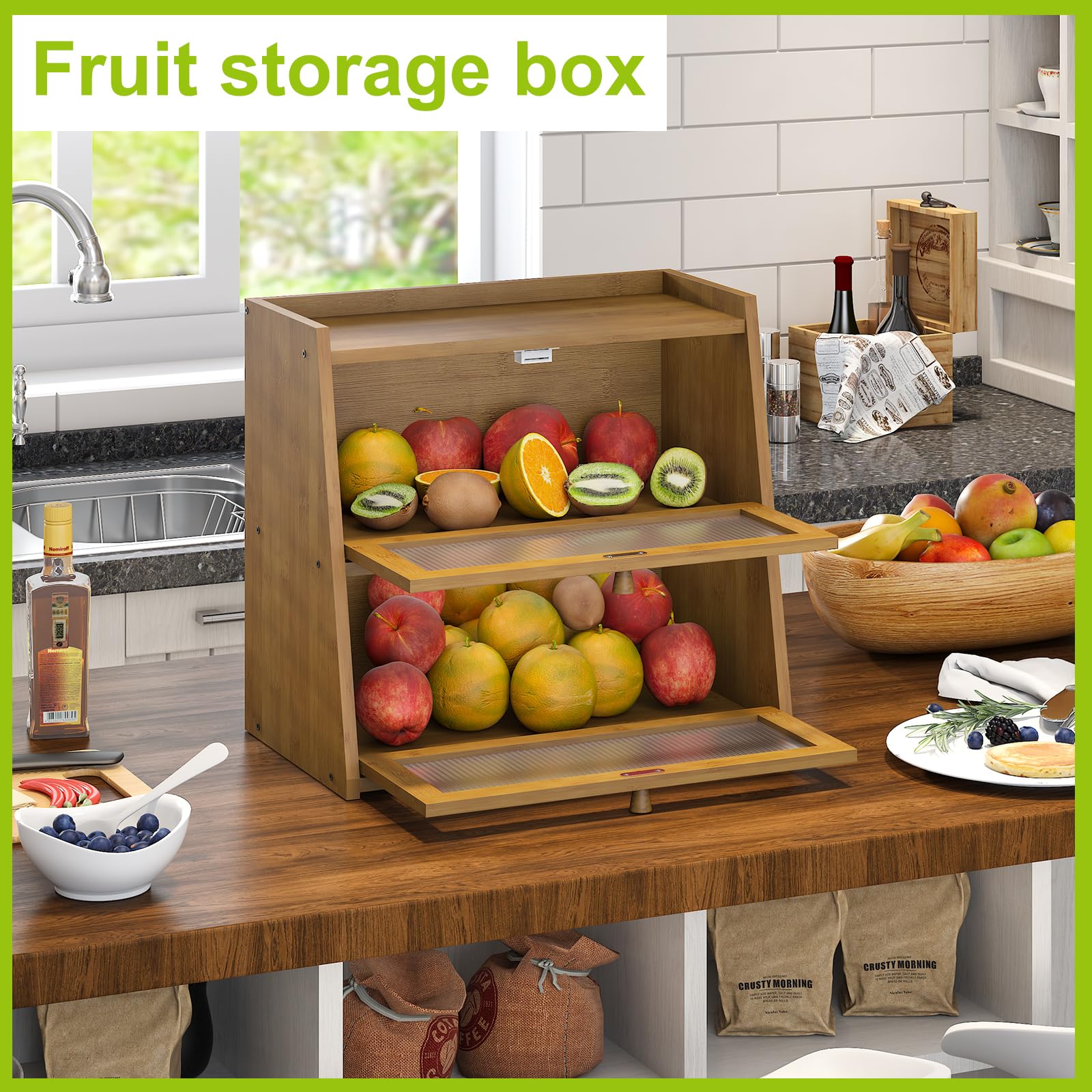 BMOSU Large Bread Box for Kitchen Countertop Double Layer Bread Box Farmhouse Bamboo Bread Box Self-Assembling (Black)