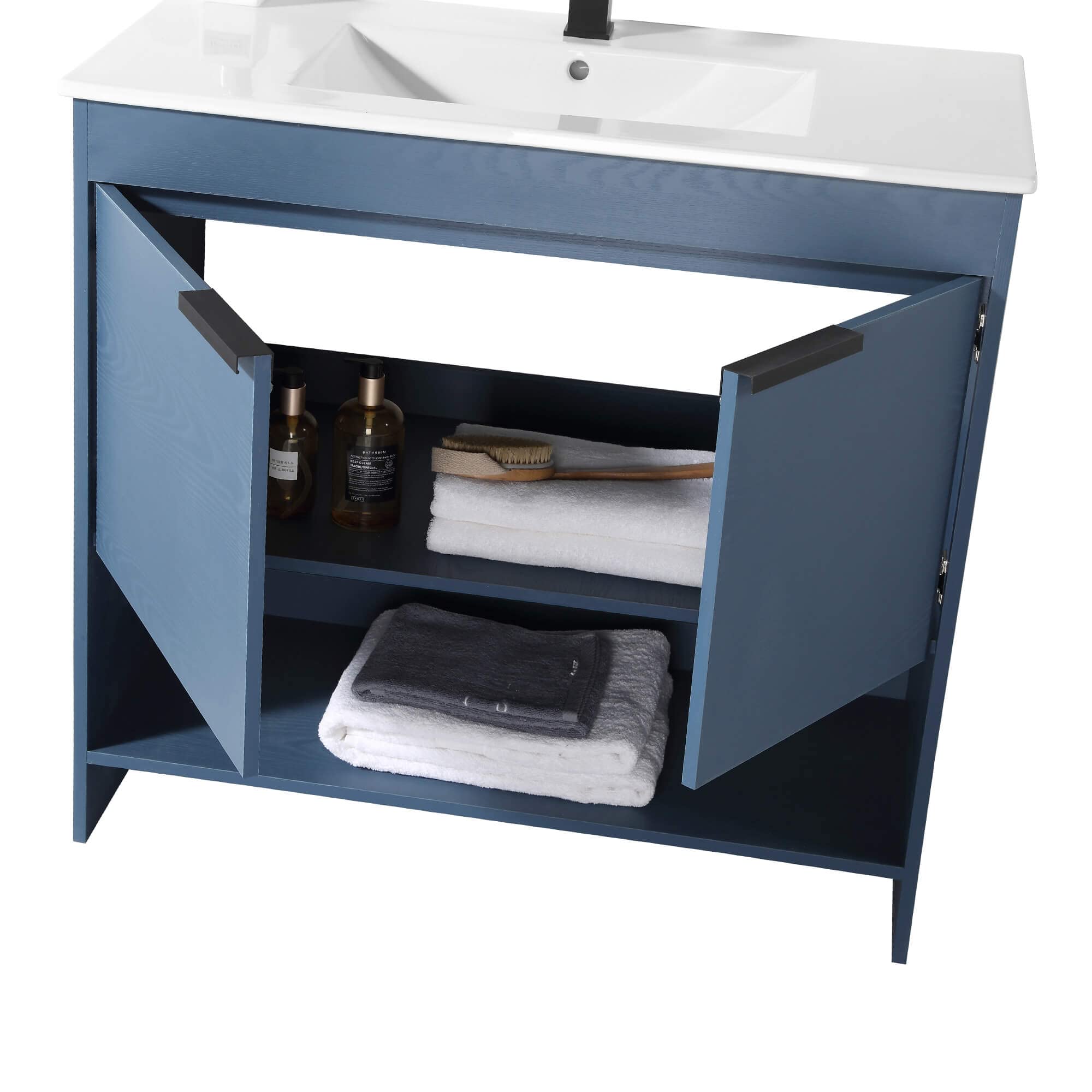 Fine Fixtures Bathroom Vanity with Integrated Ceramic Sink - Bathroom Vanity with Sink & Modern Knob Design - Bathroom Vanities with Sturdy Marble Top & Soft Closing Doors (36 Inch) Navy Blue