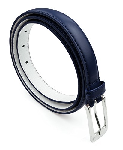 Belle Donne Women Skinny PU Leather Dress Belts Womens Belt with Silver Polished Buckle Women's Belts, Navy Blue Belts for Women Medium