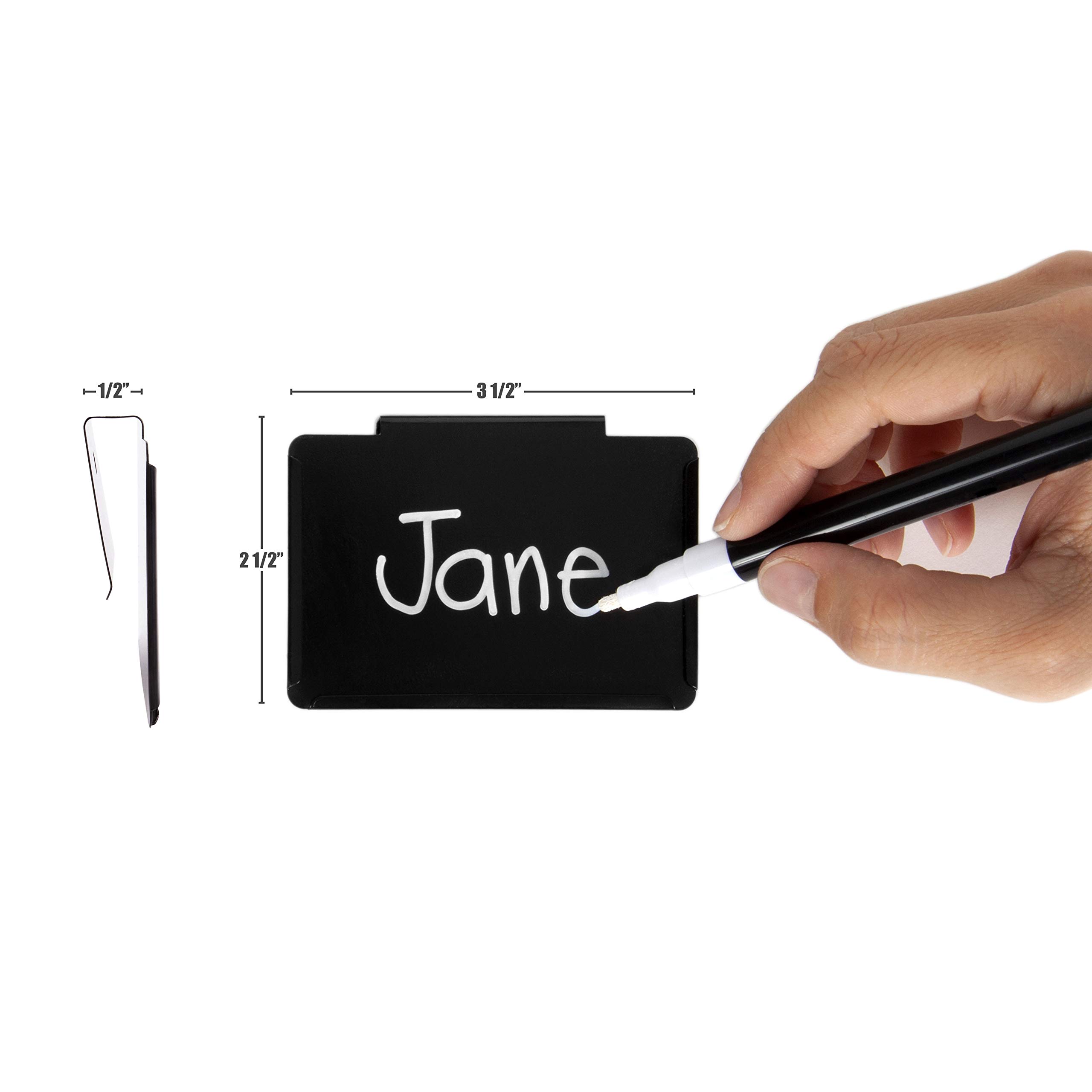 Basket Bin Labels Clip on | Label Holders for Basket or Storage Bins | Metal Hanging Bin Clip Labels | Chalkboard Labels for Baskets - Black Finish [Pack of 6] - Includes [1] White Chalk Marker