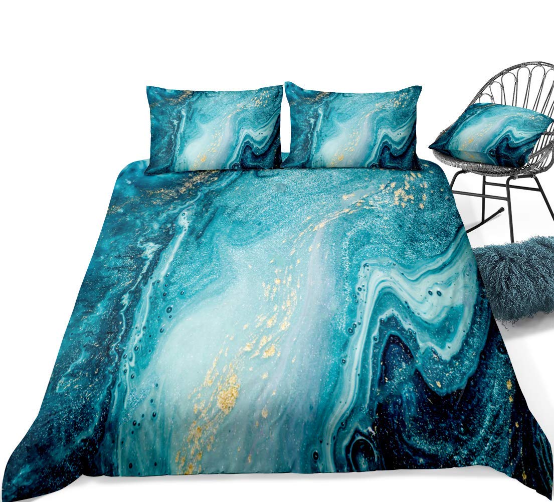Bedbay Marble Duvet Cover Queen Size Teal Marble Bedding Set Blue Gold Marble Texture Abstract Bedding Comforter Cover(Teal,Queen)