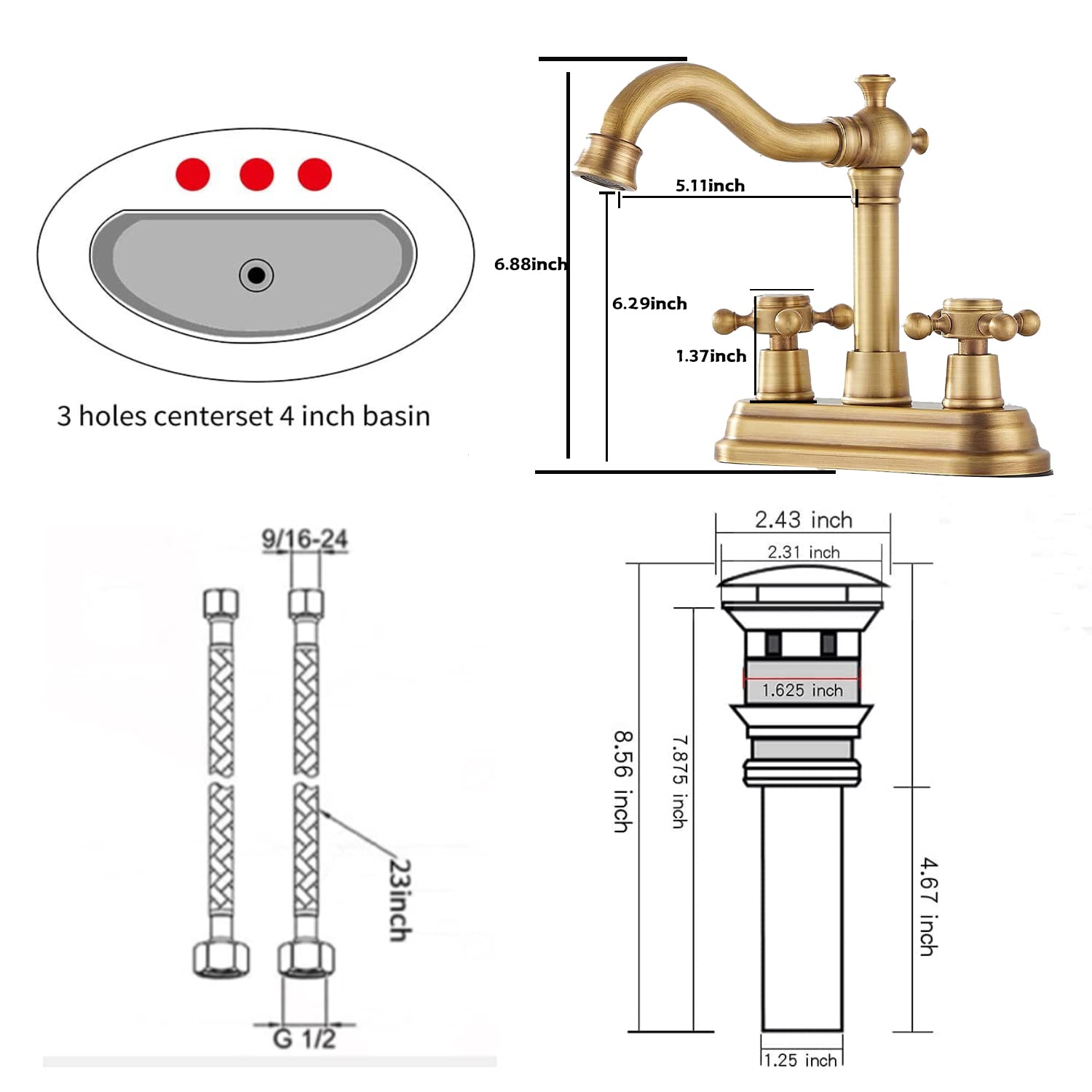 Bathroom Faucet Antique Brass GGStudy 2 Handles 4 Inches Centerset RV Bathroom Vanity Faucet with Drain Assembly and Supply Hose Lavatory Faucet Mixer Double Handle Tap