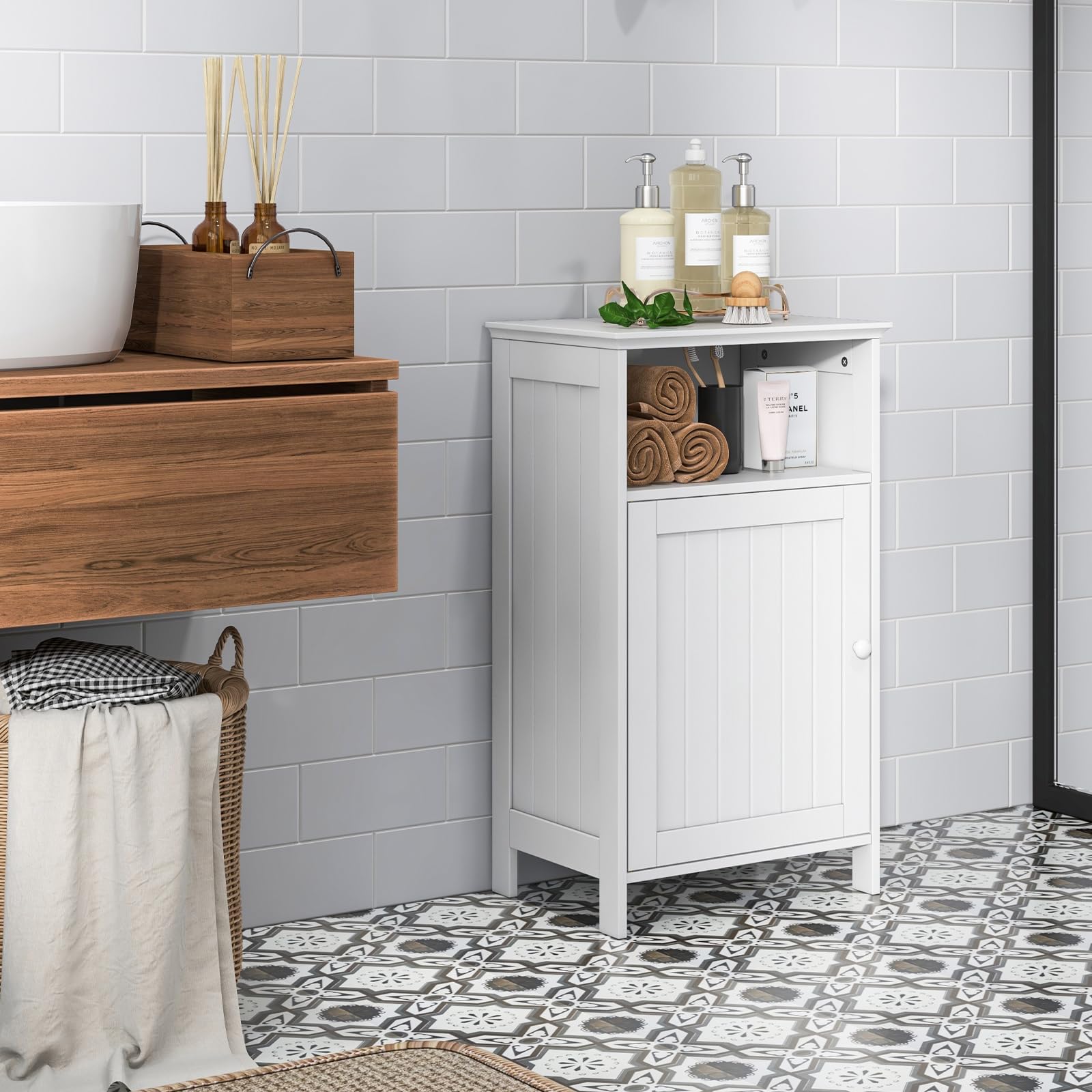 Tangkula Bathroom Storage Cabinet, Freestanding Wood Single Door Side Floor Cabinet with Adjustable Shelf, Small Bathroom Cabinet for Small Spaces, for Bathroom Living Room (White)