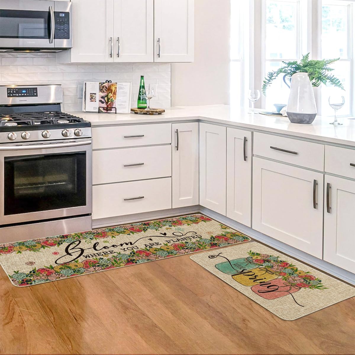 Artoid Mode Vases Flowers Hello Spring Kitchen Mats Set of 2, Home Decor Low-Profile Kitchen Rugs for Floor - 17x29 and 17x47 Inch