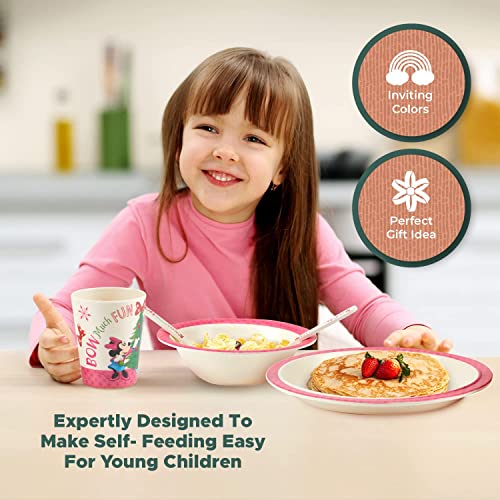 Bamboo Kids’ 5-Piece Dinnerware Set By Zrike Brands-Tableware Set With Dinner Plate, Bowl, Cup, Fork & Spoon- BPA-Free Disney Toddlers Feeding Set- Great Holiday Gift MINNIE JOY 5PC BAMBOO SET