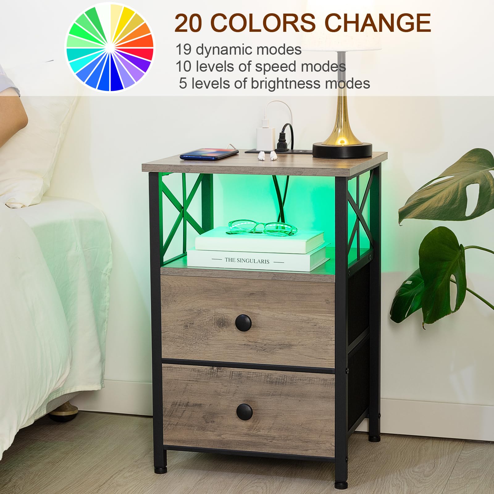 AMHANCIBLE Night Stand Set 2, LED Nightstands for Bedroom Set of 2 with Charging Station, End Table with USB Port and Outlet, Side Table with 2 Storage Drawers for Living Room, Greige, HET052LGY