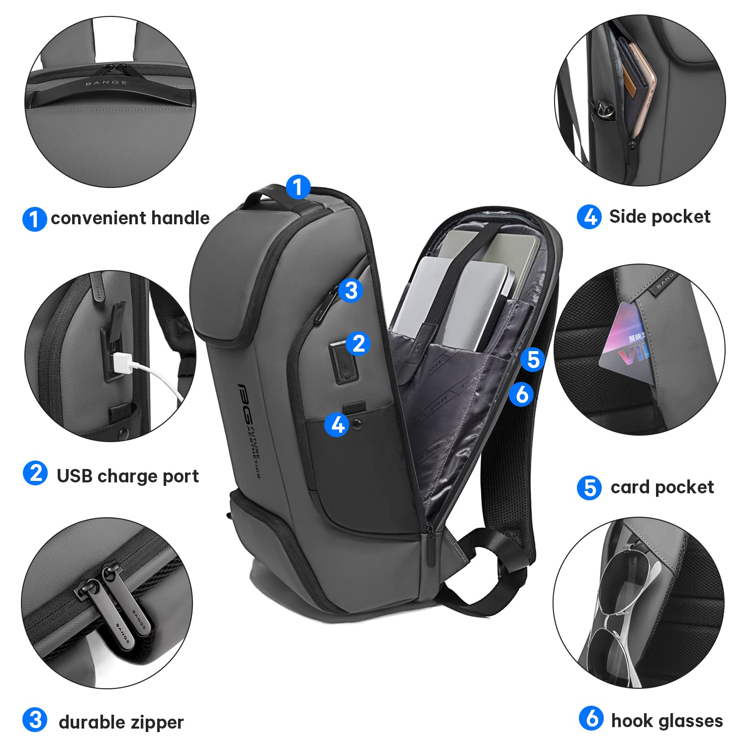 BANGE Business Laptop Smart backpack Can Hold 15.6 Inch Laptop Commute Backpack Carry on bag for men and women (Grey)