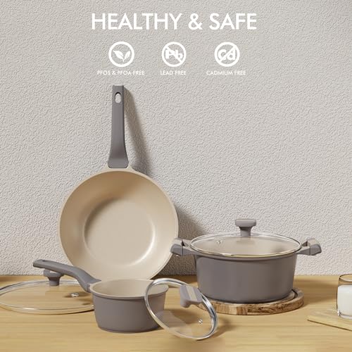 ASKSCICI Pots and Pans Set Nonstick, 6 Pcs Induction Kitchen Cookware Sets, Non Stick Cooking Set with Deep Frying Pan, Non-toxic, PFOA & PFOS Free, Dishwasher Safe, Gray