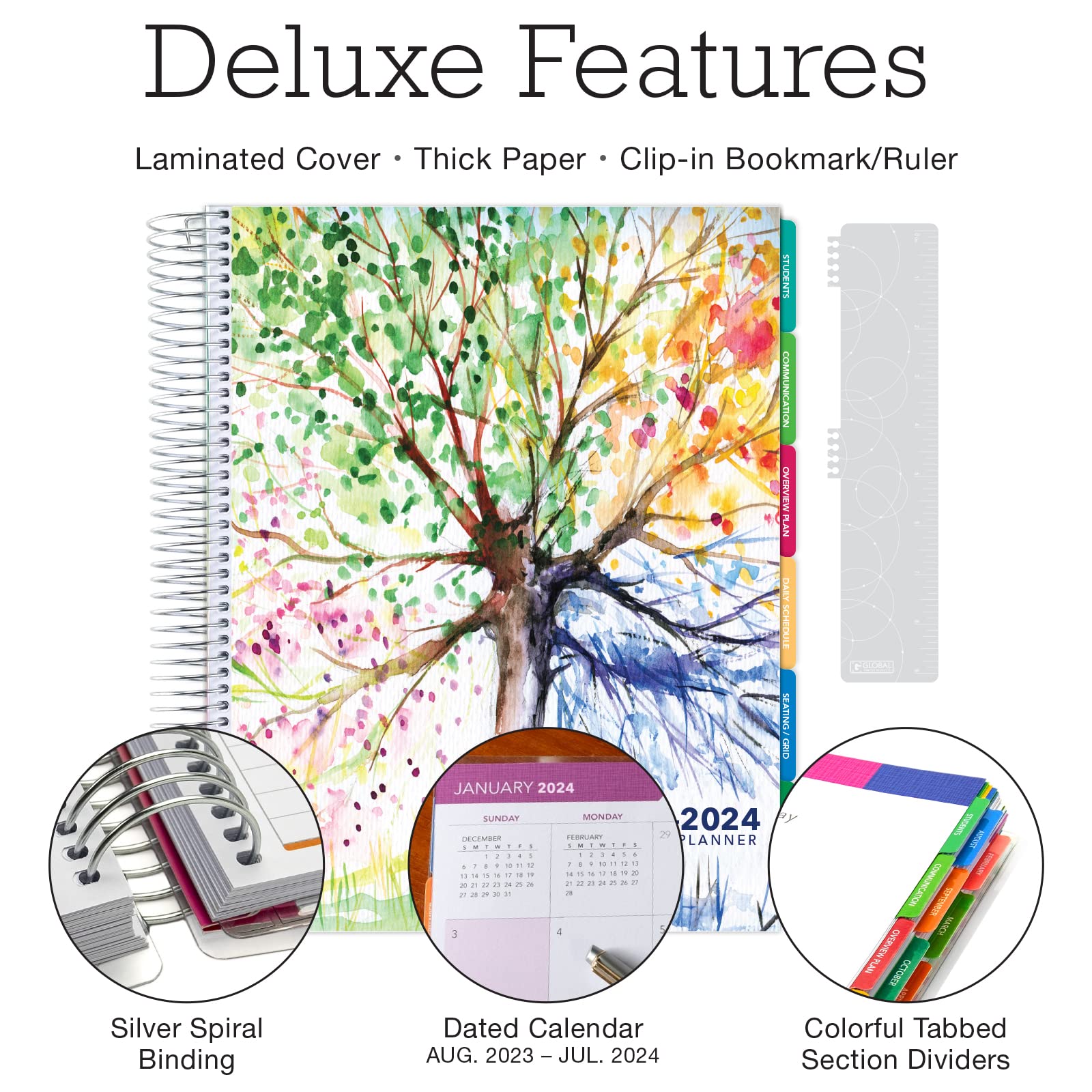 Aug 2023-Jul 2024 Deluxe Teacher Lesson Planner Notebook 8.5x11 Daily Weekly Monthly Organizers - Includes 7 Periods, Pocket Folder, Dated Calendar, Page Tabs, Bookmark, and Planning Stickers