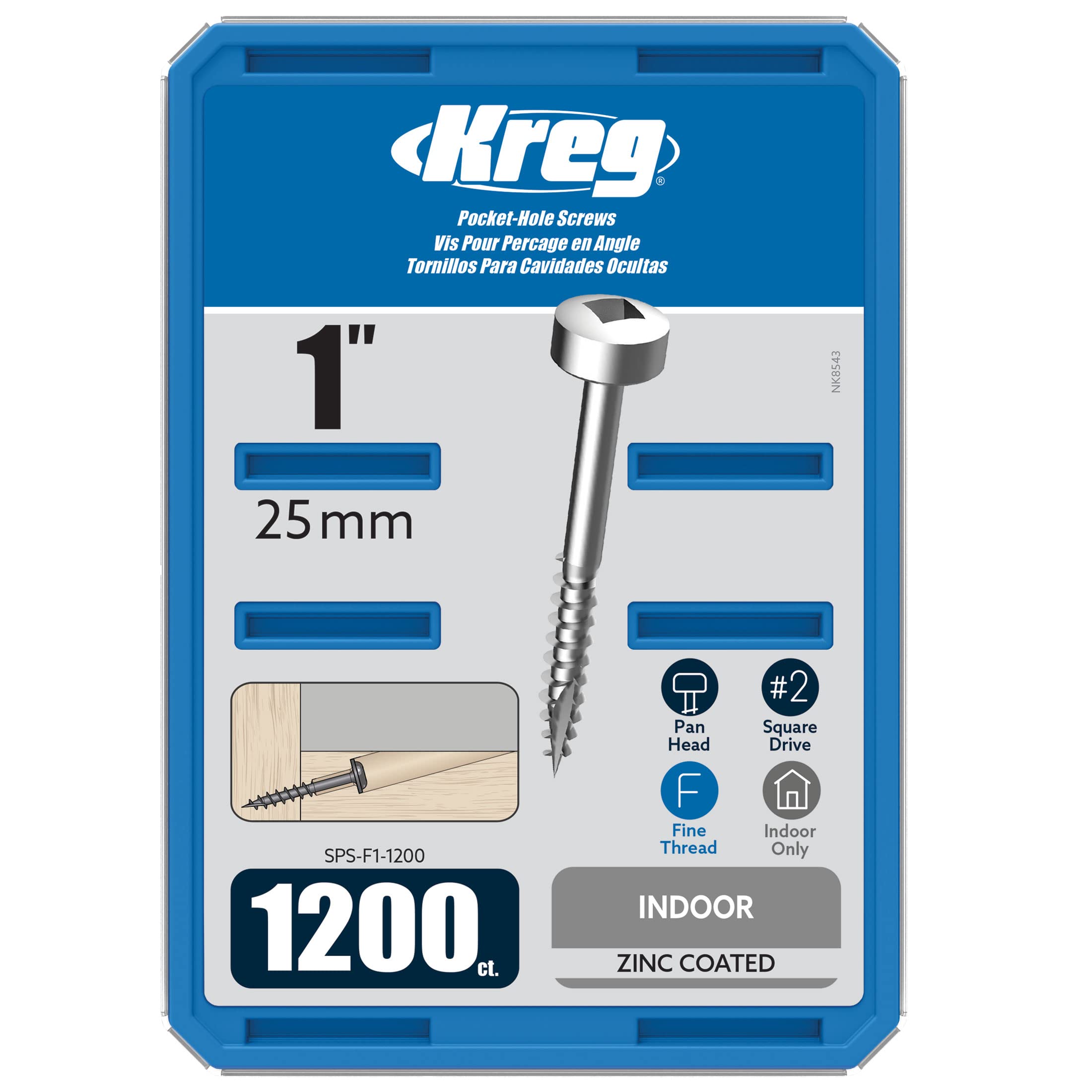 Kreg SPS-F1-1200 Zinc Pocket Screws, 1 Inch #6 Fine Thread, Pan Head (1200 Count)