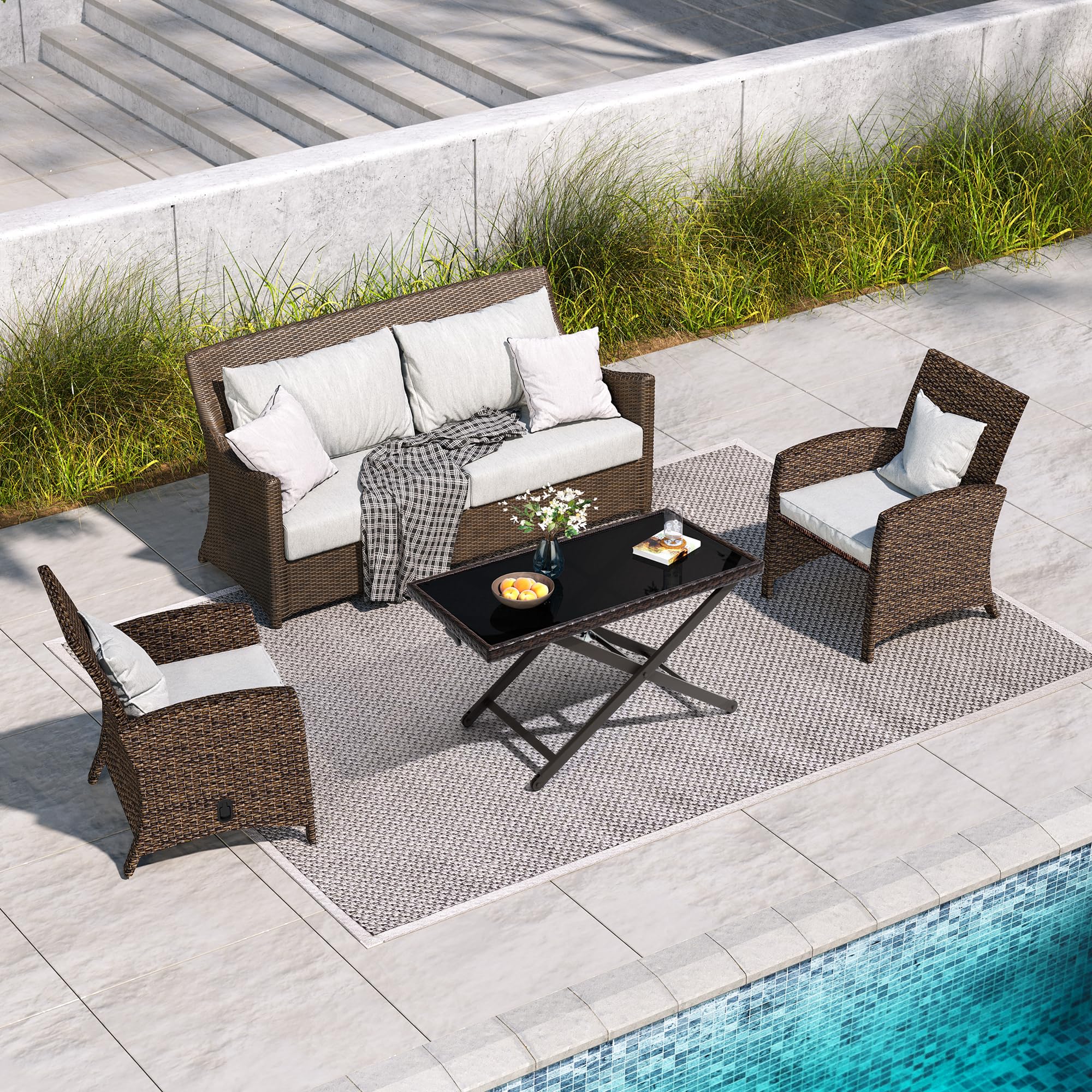 JOINHOM Patio Coffee Table Height Adjustable - Outdoor Coffee Side Table with Waterproof, Rust-Proof, Patio Tables Rectangle Coffee Tables Fit with Patio Conversation Set, Dark Brown