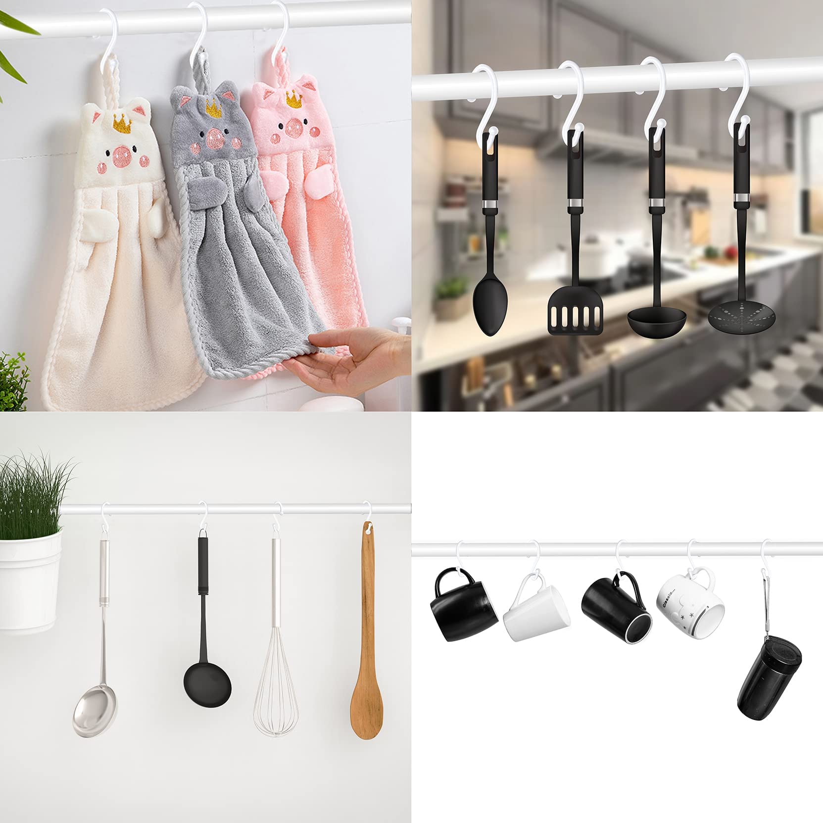 Stainless Steel S Shaped Hooks Rust Proof Set of 12 Hanger Rings for Bathroom Shower Curtain (White)