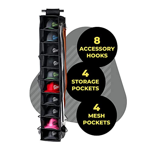 BallcapBuddy - Hanging Hat Organizer, Storage for Caps, Hats, Belts, Shoes & Accessories, Essentials Hat Organizer with Shelves, Side Pockets, and Hooks, 12 x 9 x 59 Inches, Black, Made in USA