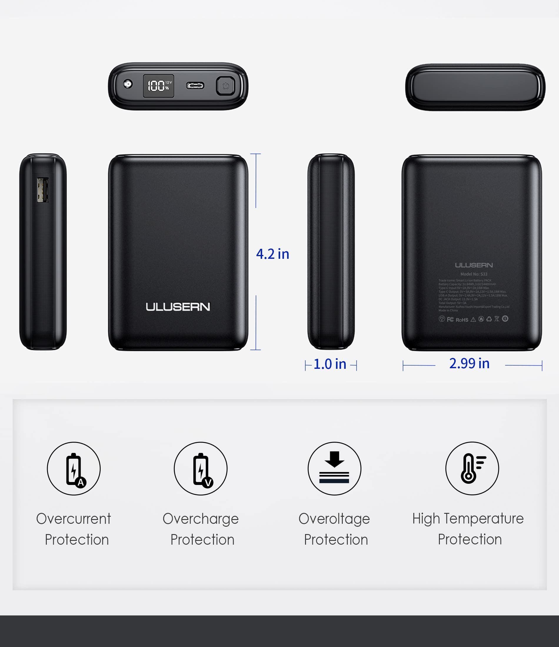 ULUSERN Rechargeable Battery/Power Bank 12v 14400mAh for Heated Jackets, Heated Hoodies and Heated Vests,DC Port Diameter : 4mm