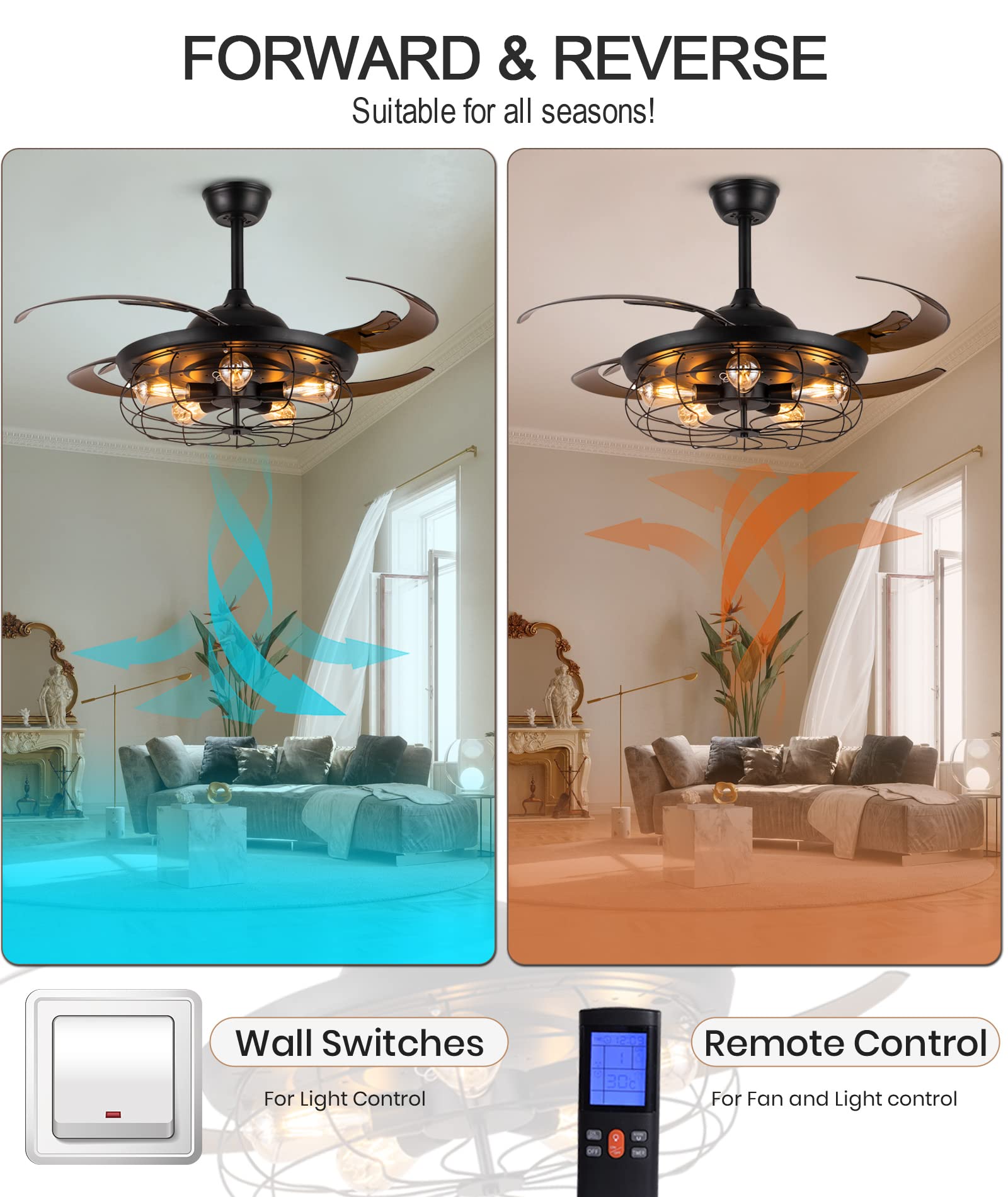 APBEAMLighting 48 Inches Retractable Ceiling Fan Industrial Caged Ceiling Fan Reversible Blades Black Farmhouse Ceiling Fan with Lights and Remote Control for Living Dining Room