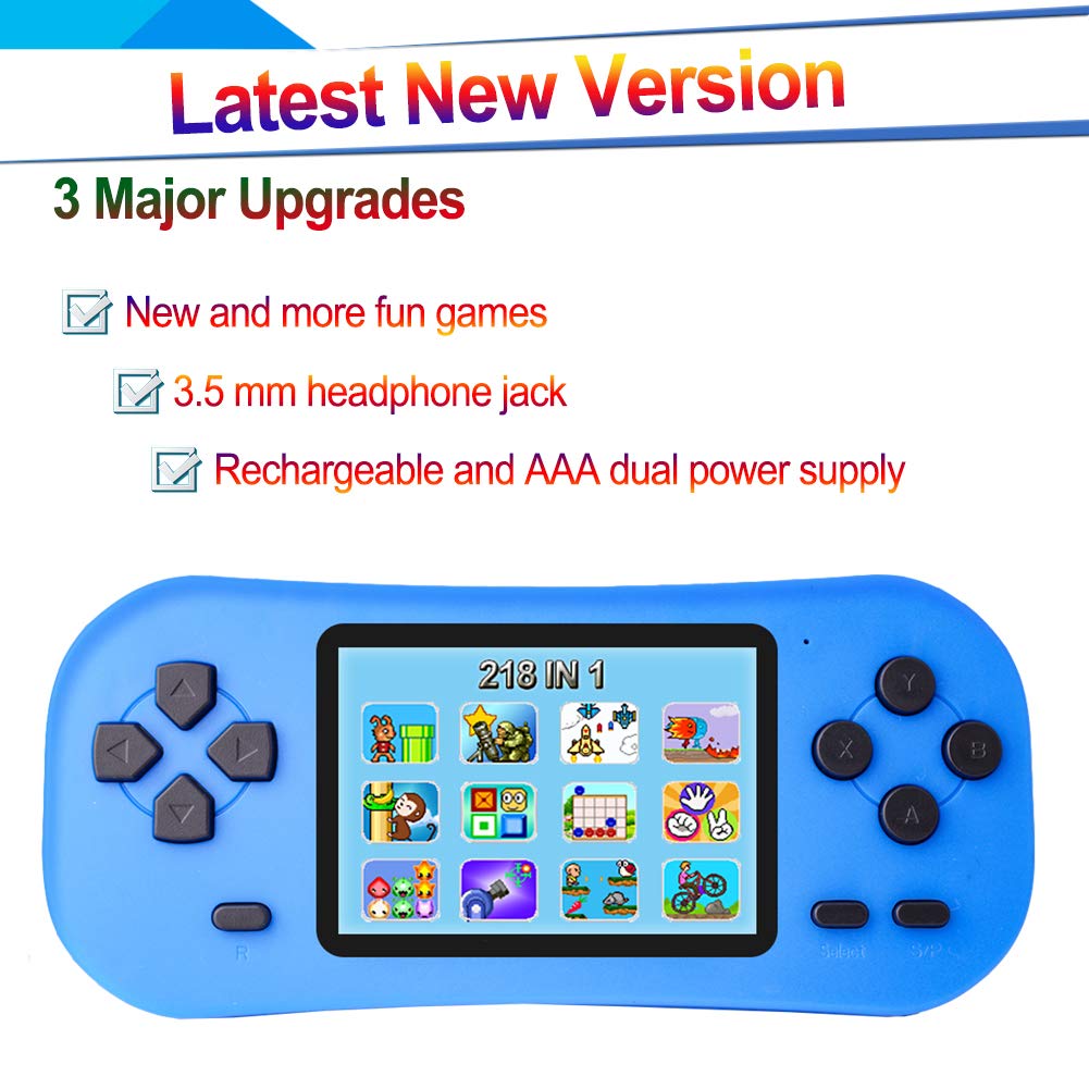 Douddy Kids Retro Handheld Game Console Built in 218 Old School Video Games 2.5'' Display USB Rechargeable 3.5 MM Headphone Jack Arcade Entertain System Children Birthday (Blue)