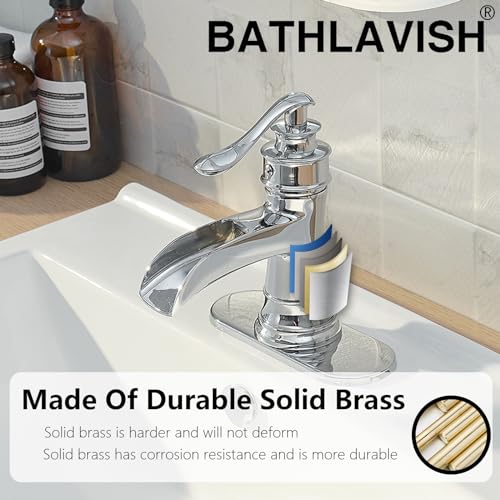 BATHLAVISH Bathroom Sink Faucet Chrome, Waterfall Bathroom Faucet, Single Hole Bathroom Faucet, Farmhouse Single Handle Vanity RV Lavatory with Pop Up Drain with Overflow