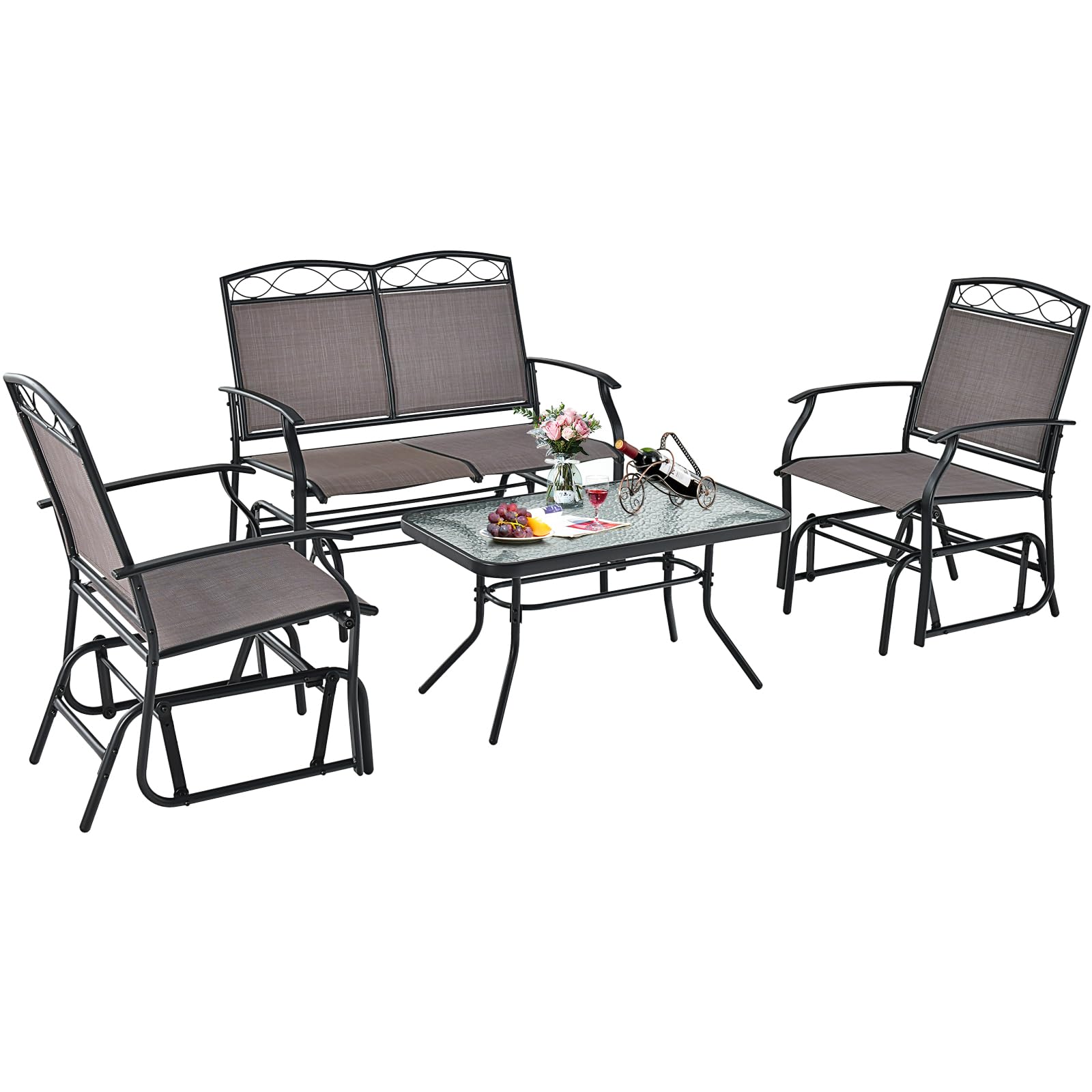 Tangkula 4 Pcs Patio Glider Set, Outdoor Gliding Loveseat w/Tempered Glass Coffee Table, Heavy-Duty Patio Furniture Set for Backyard, Porch, Poolside (4 PCS Patio Glider Set)