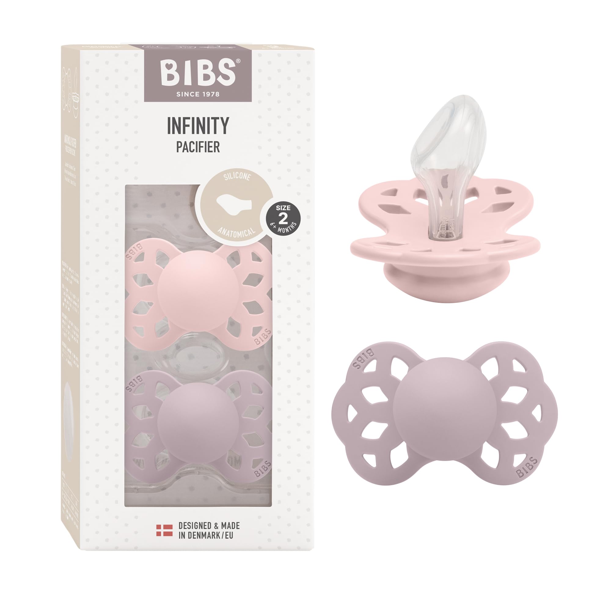 BIBS Pacifiers - Infinity Collection with Anatomical Nipple| BPA-Free Baby Pacifier | Made in Denmark | Set of 2 Blossom/Dusky Lilac Color Premium Soothers | Size 6-18 Months