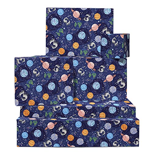 CENTRAL 23 Space Wrapping Paper for Kids - 6 Sheets of Gift Wrap with Tags - Age 3 - Planet and Star - 3rd Birthday Wrapping for Boys - For Son, Grandson, Nephew - Comes with Stickers