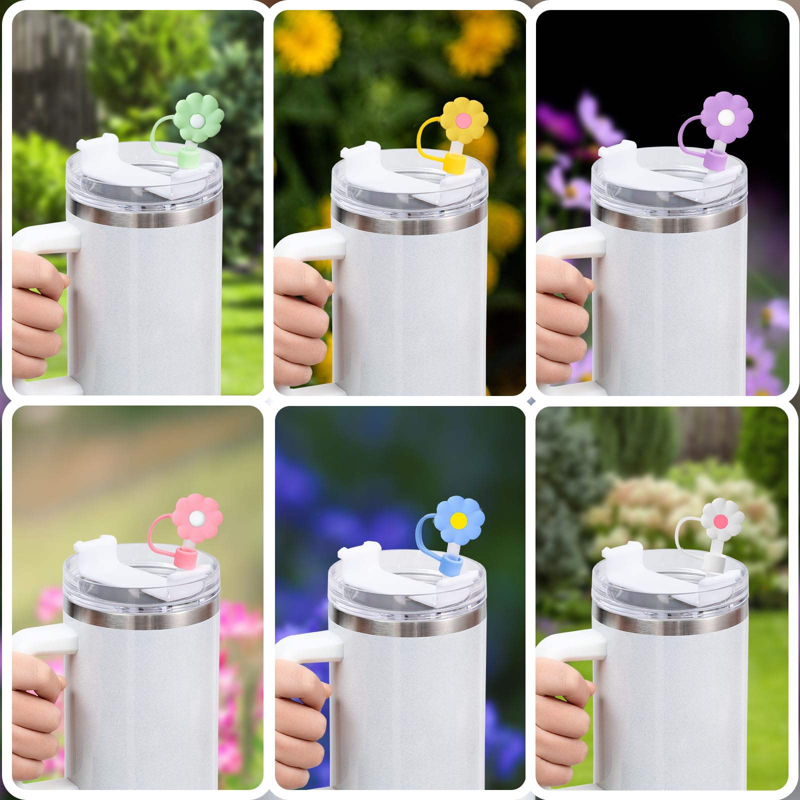 Amrules 6Pcs Straw Covers Cap Toppers, 0.4in /10mm Straws Cap for 20&30&40oz Tumbler Drinking Cup with Handle, Reusable Cute Silicone Tips Lids Protectors for Water Bottle Accessories, Flower Shape