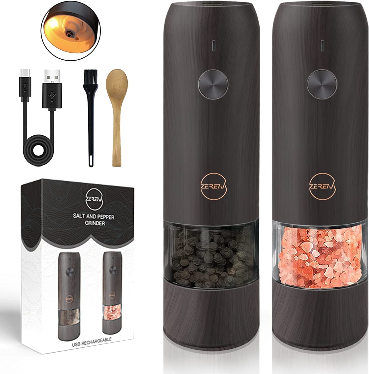 Electric Salt and Pepper Grinder Set - Rechargeable USB Cable, LED Lights, Automatic Pepper and Salt Mill Grinder Set Refillable, Adjustable Coarseness, One Hand Operation (Black Brown 2 Pack)