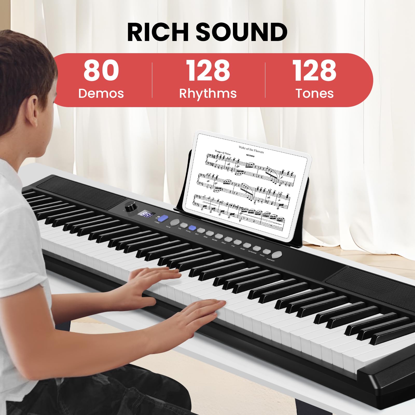 Asmuse Keyboard Piano 88 Key, Digital Piano Full Size Semi Weighted with 2 Speakers, Electric Piano Keyboard for Beginners, Music Keyboard with 128 Rhythms 128 Tones 80 Demo Songs