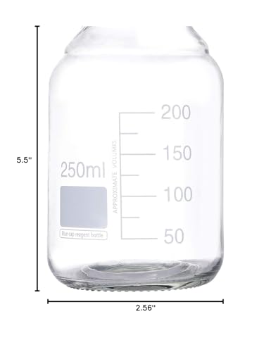 Pastein 10 Pieces 250 mL Graduated Round Reagent Media/Storage Glass Bottle With GL45 Blue Polypropylene Screw Cap