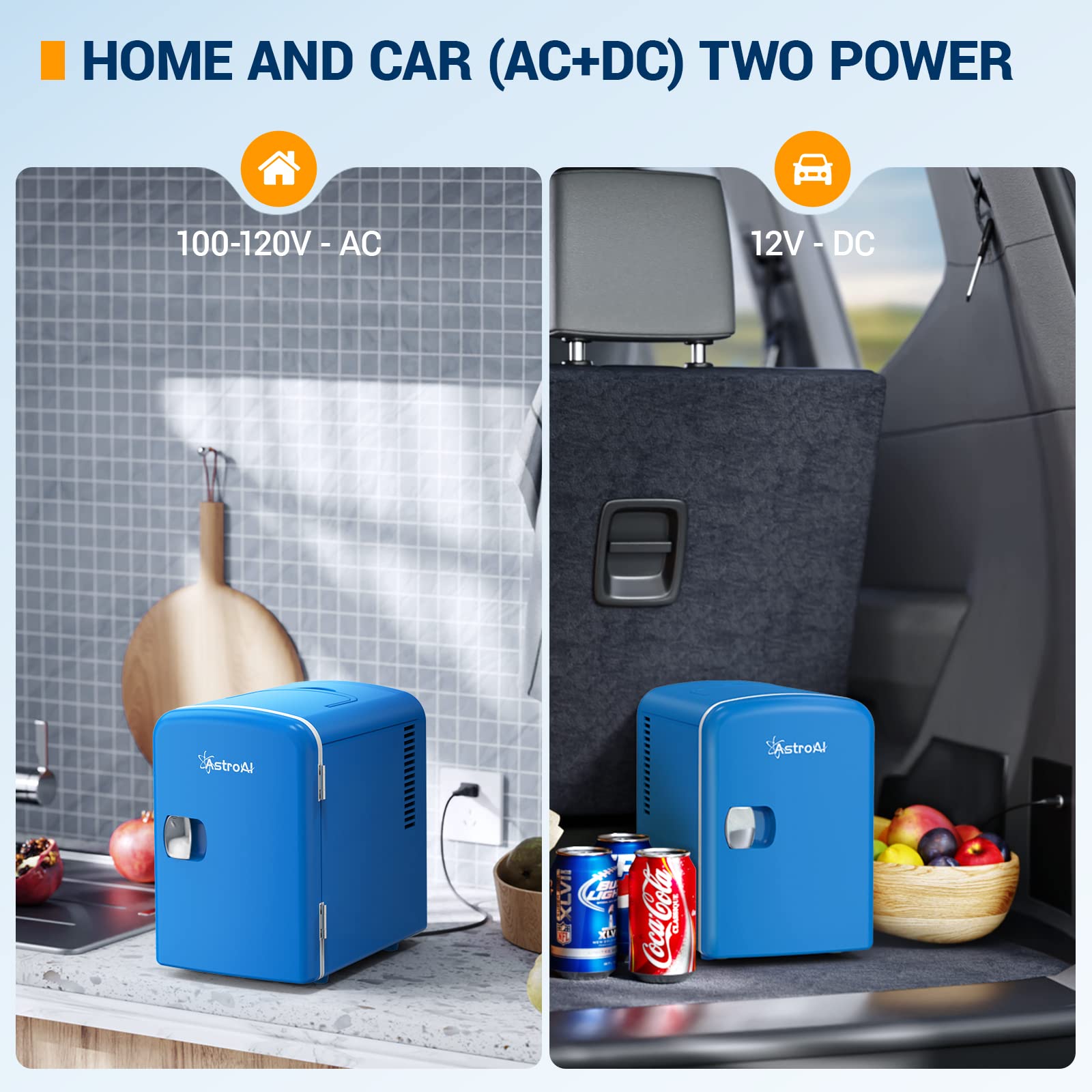 AstroAI Mini Fridge 4 Liter/6 Can Blue AC to DC Converter 8.5A…