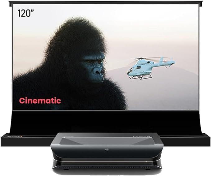 AWOL VISION LTV-2500 and 120" Motorized ALR Floor Rising Projector Screen,Active 3D, 150", 2600 Lumen, HDR10+, UST Laser TV Projector (Fire TV Stick 4K Max Included)