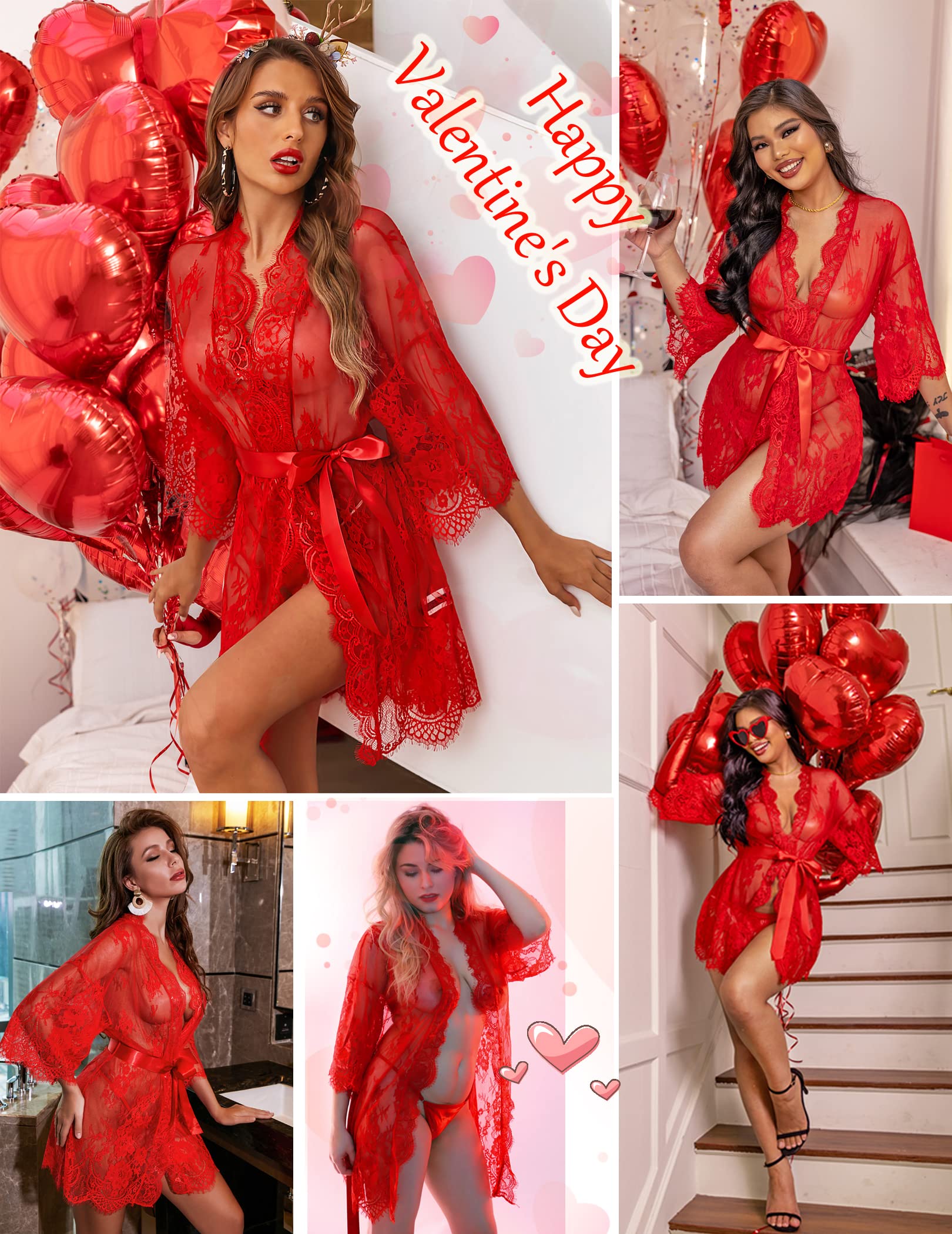 Avidlove red robe Women's Lace Kimono Robe Babydoll Lingerie Mesh Nightgown Red XL