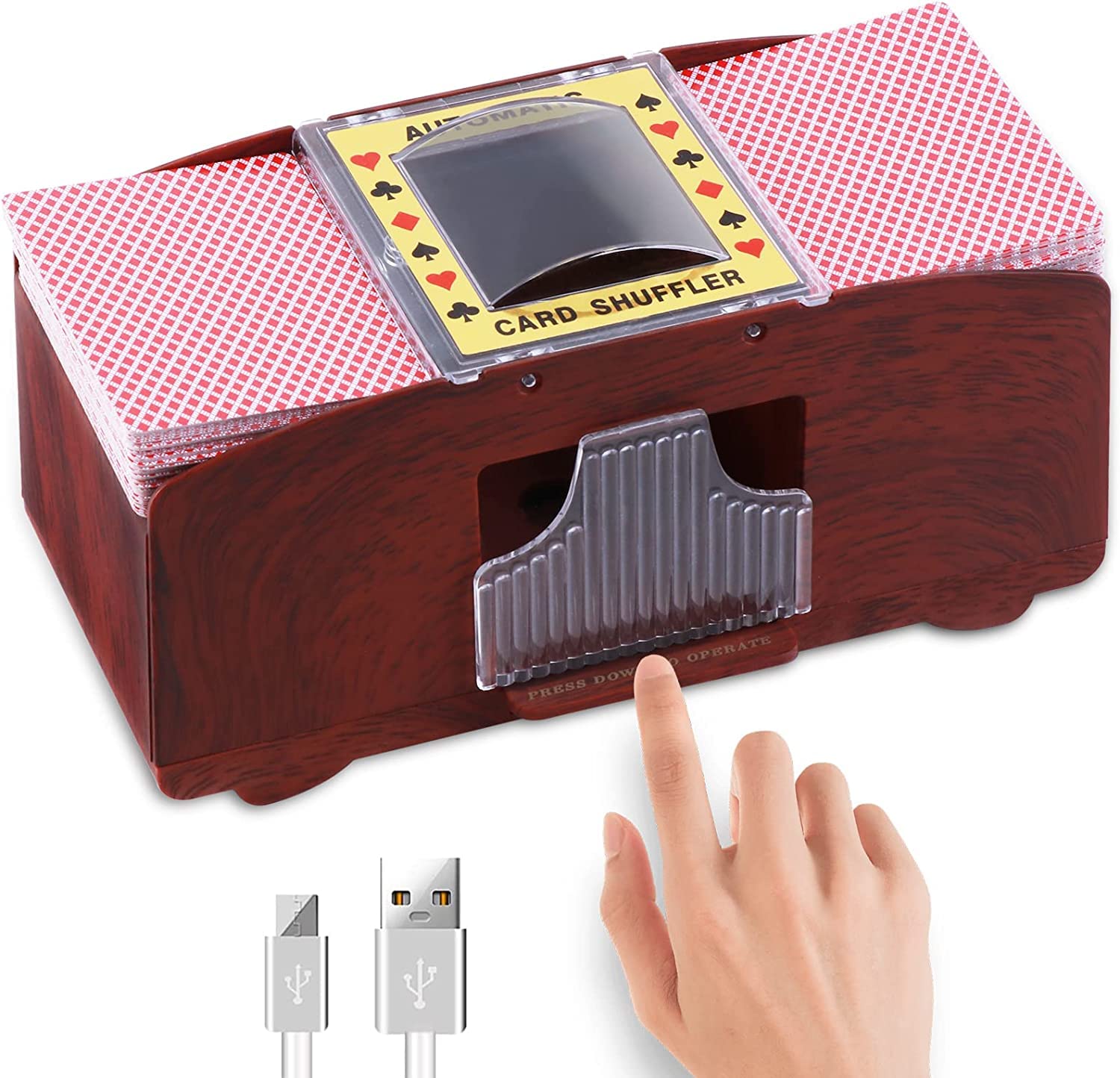 HJCMikee 1 to 2 Deck Automatic Card Shuffler Luxury Wood Grain Professional Casino Poker Cards Shuffle Machine Playing Blackjack Game Battery Operated Or USB Electric Equipment