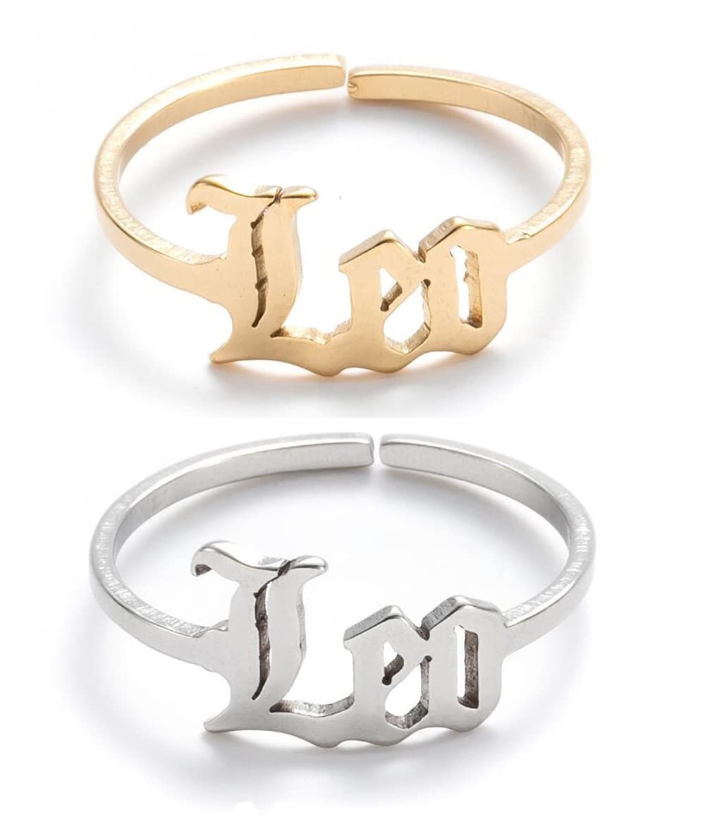 Aoxstno 2 Pieces Constellation Ring for Women Horoscope Zodiac 12 Constellation Astrology Adjustable Ring (gold silver Leo(2pcs)