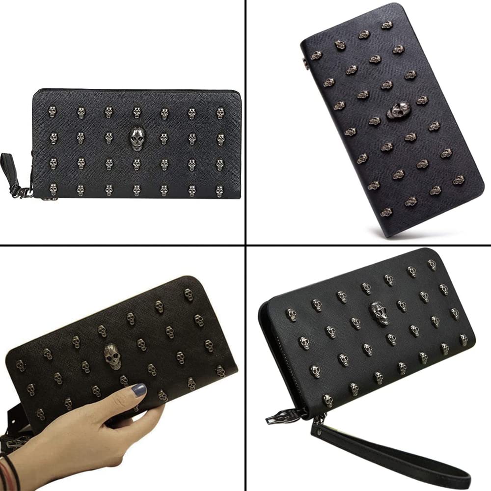 DownUpdown Skull Wallets for Women Wristlet Purses Clutch Black Zipper Purse Faux Leather Punk Gothic Cool Long Wallet Men