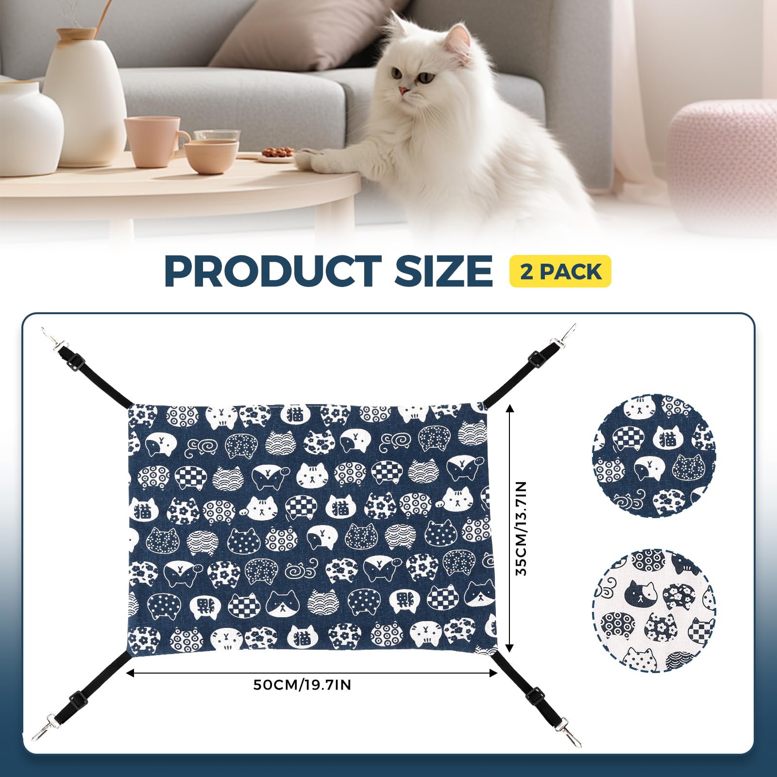 Cat Hammock for Cage Hanging Reversible 2Pack,Pet Hammock Bed Adjustable,Soft Sleeping Hammock for Cats,Ferret,Puppy,Rabbits,Small Animals (M, CAT)