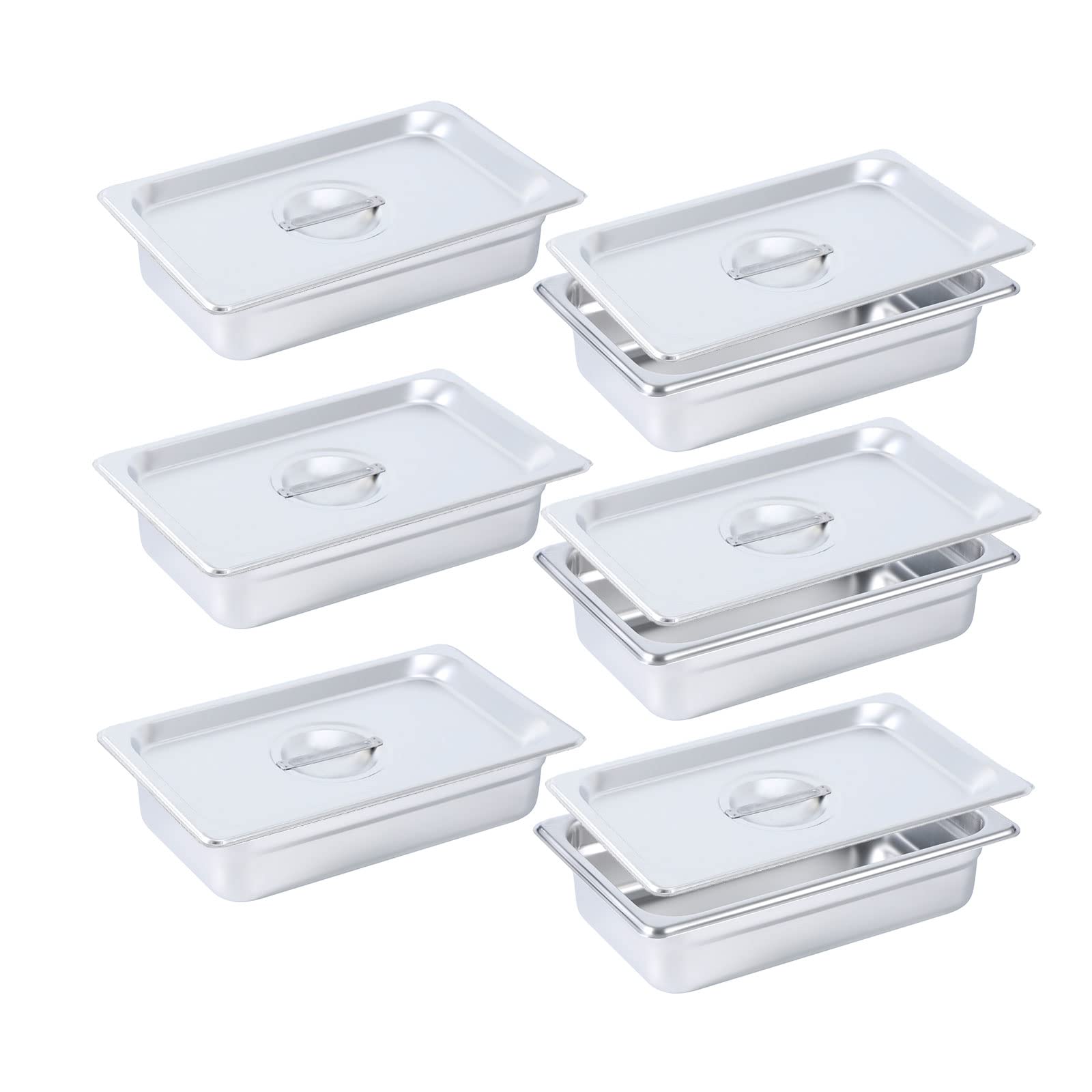 BIEAMA 6-Pack Hotel Pans with Lid, 1/4 Size 2.6" Deep, NSF, Catering Food Pan, Commercial Stainless Steel Pan with Cover