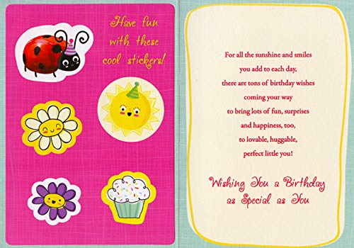 Designer Greetings Ladybug Closeup and Smiling Flowers and Sun Juvenile : Kids Birthday Card and Stickers for Young Niece