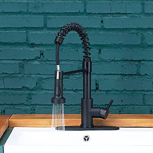 Black Kitchen Faucet, Matte Black Kitchen Faucet with Pull Down Sprayer,Commercial Spring Single Handle Kitchen Sink Faucet, Farmhouse Camper Laundry Utility Rv Bar Sink Faucet TDLKF026BD