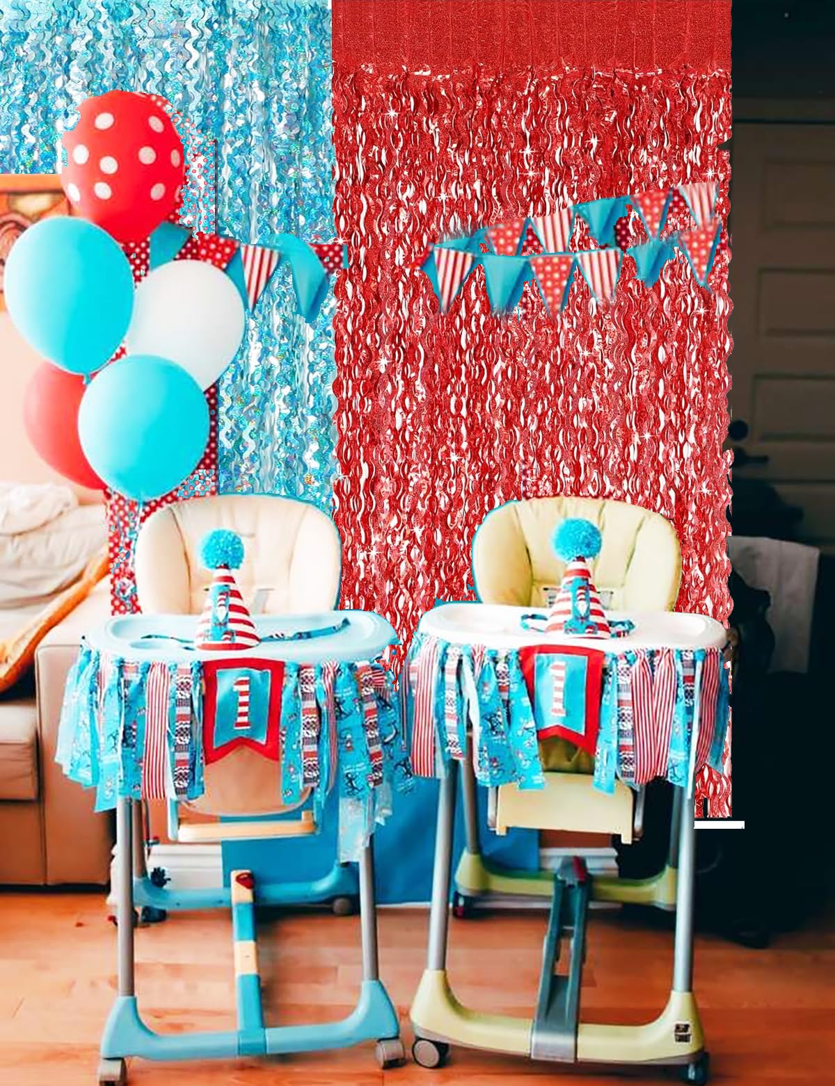 Cat in The Hat Birthday Decorations/Thing 1 and Thing 2 Baby Shower Decorations/Baby Shower/Party Decorations/Red Blue Wavy Fringe Foil Curtains Backdrop Nurse Graduation