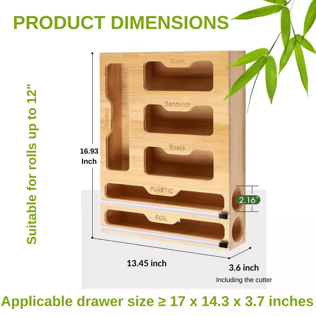 Bamboo Ziplock Bag Organizer - Foil and Plastic Wrap organizer with cutter - Holds up to 12” rolls - Baggie Organizer for Gallon, Quart, Sandwich, Snack Bags - Kitchen Organization - Drawer organizer