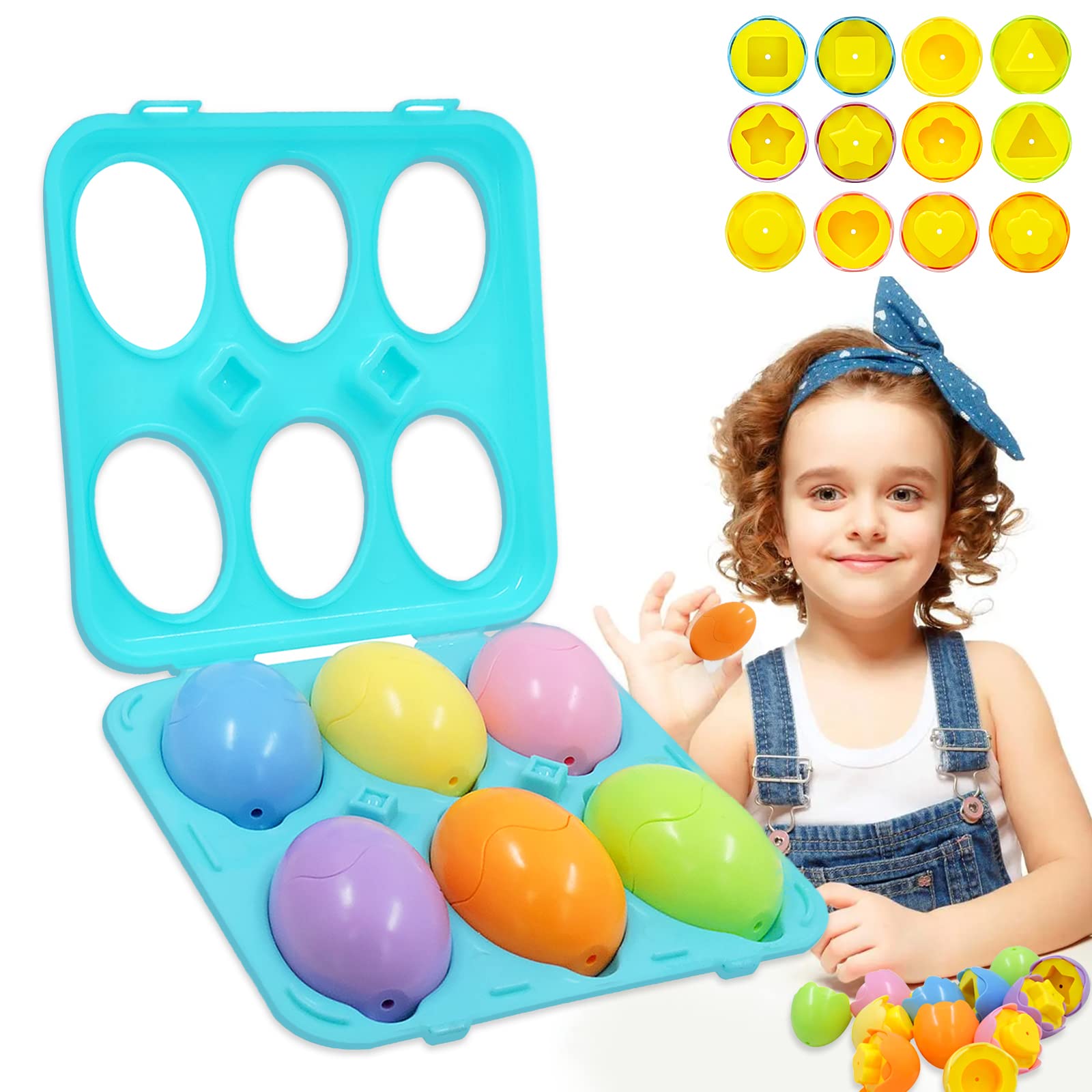 Doyolta Matching Easter Eggs 6 pcs Set,Color & Shape Recoginition Sorter Puzzle Educational Learning Toy Easter Gifts for Kid, Fine Motor Skill Montessori Toys for Kids Babies Toddlers