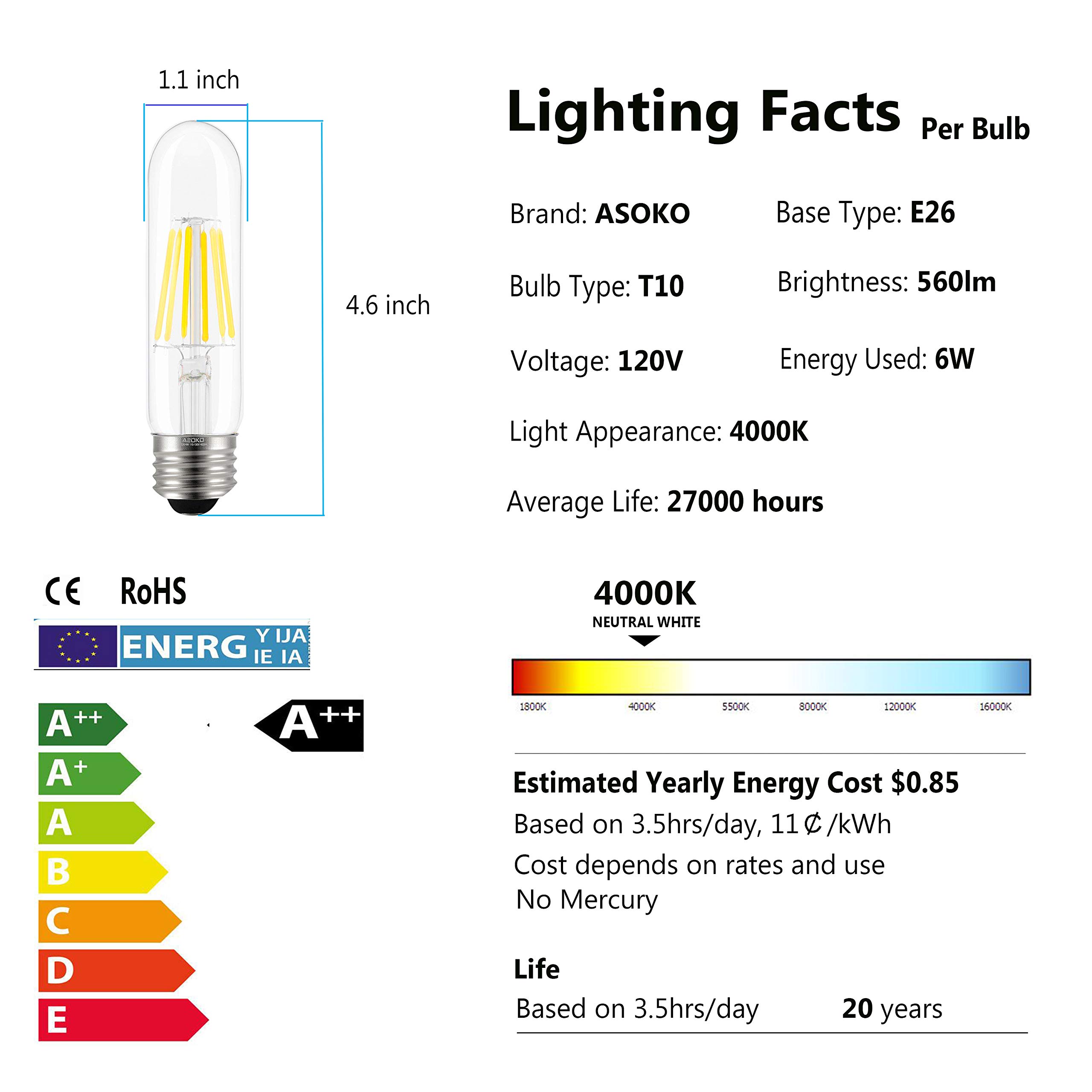 ASOKO E26 T10 Bulbs Daylight White 6W, Dimmable T10 Edison Bulb 60 watts 4000K, E26 Base LED Tubular Light Bulbs, Tube Vintage LED Edison Bulb for Desk Lamp, Pendant Lights, Home (3 Pack)