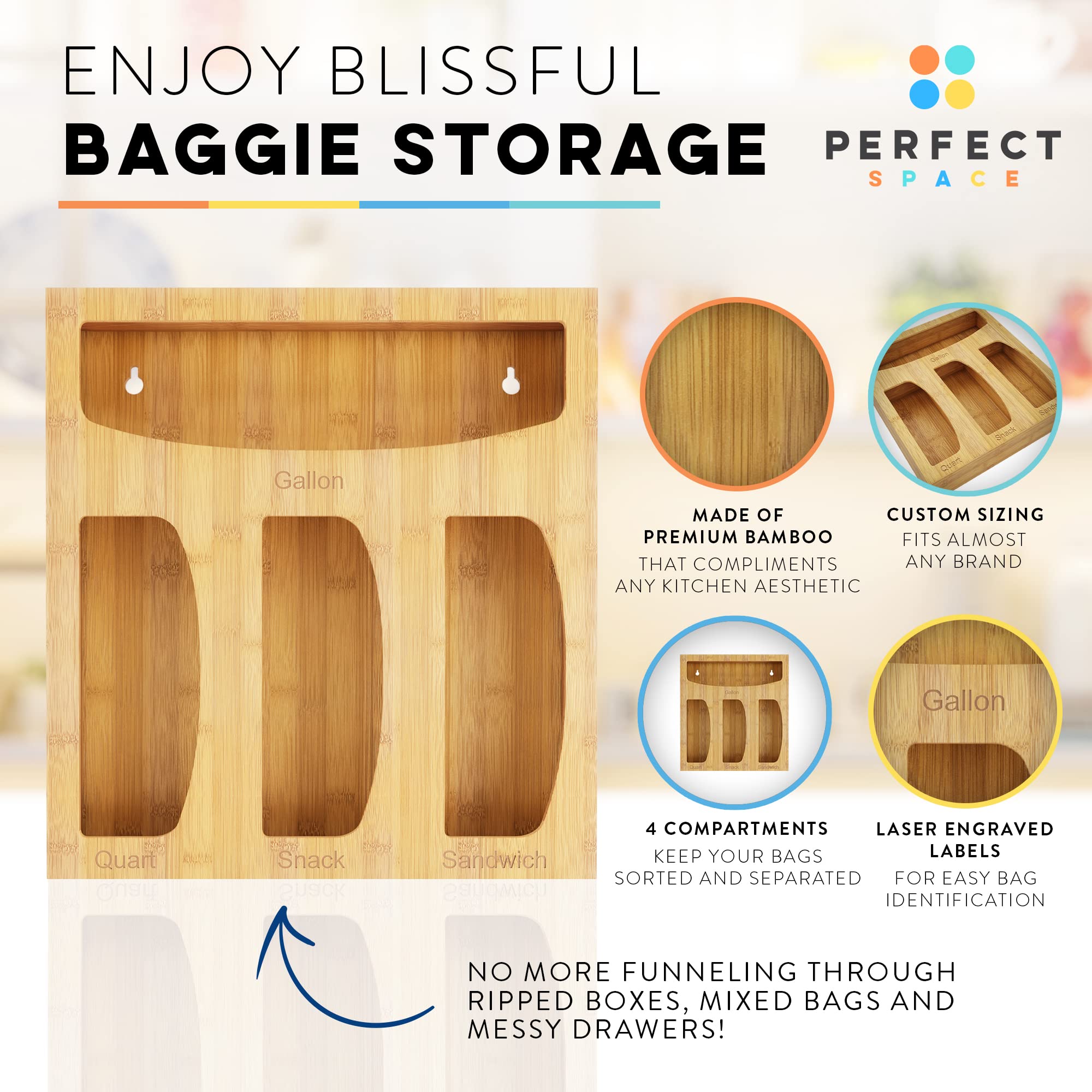 Bamboo Ziplock Bag Storage Organizer w/ 4 Compartments - Baggie Organizer for Kitchen Drawer - Compatible Gallon, Snack, Sandwich, Quart Size Ziplock Bags - Wall Hang, Ziplock Organizer for Drawer