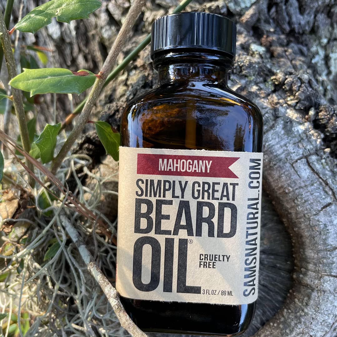 Simply Great Beard Oil - MAHOGANY Scented - Holiday Gifts - Stocking Stuffers - Beard Conditioner - 3 Oz - Easy Applicator - Natural - Vegan and Cruelty Free - Gifts for Men with Beards
