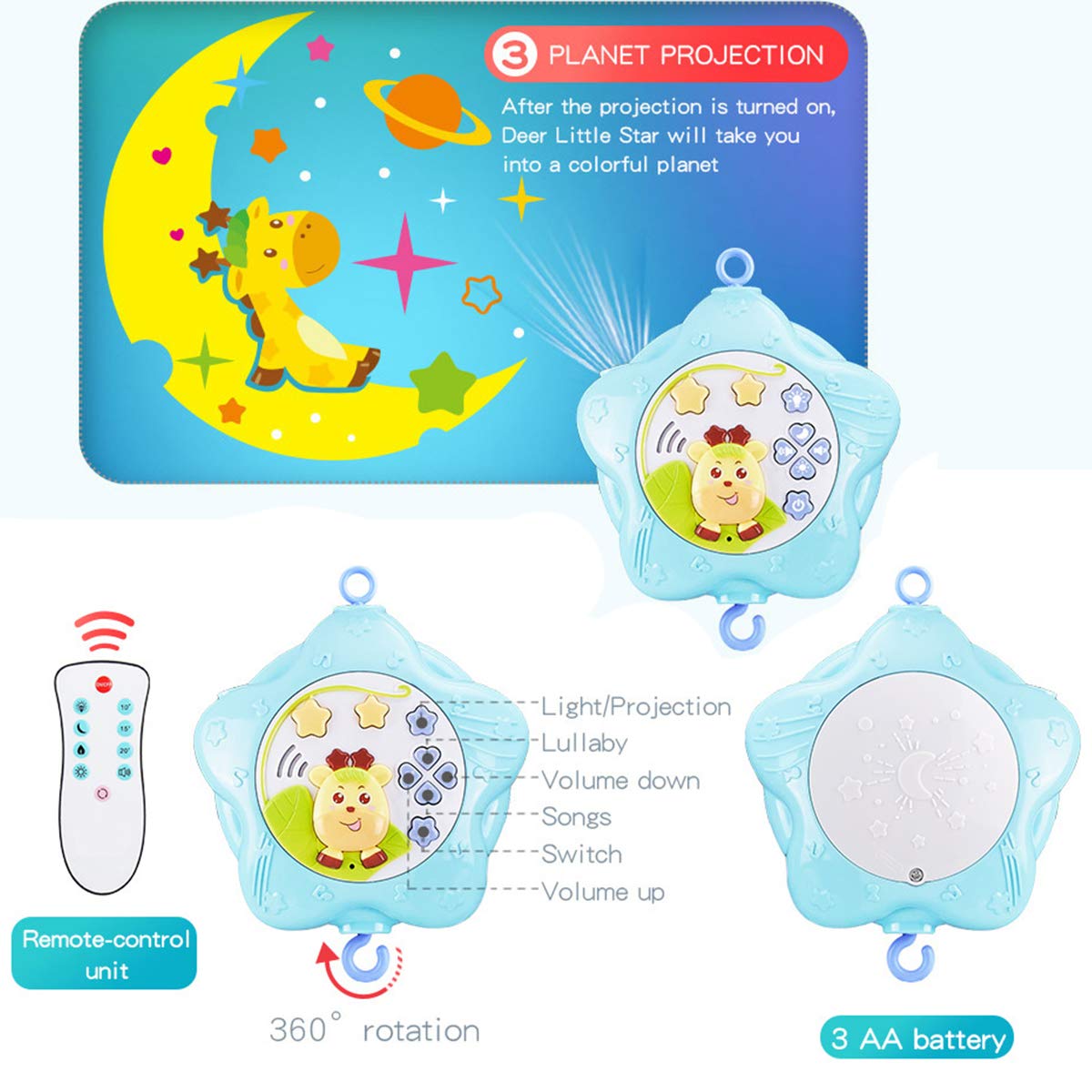 Baby Mobile for Crib with Music and Lights, Remote and Projection. Pack and Play Toys for Ages 0+ Months (Pink-Bee)