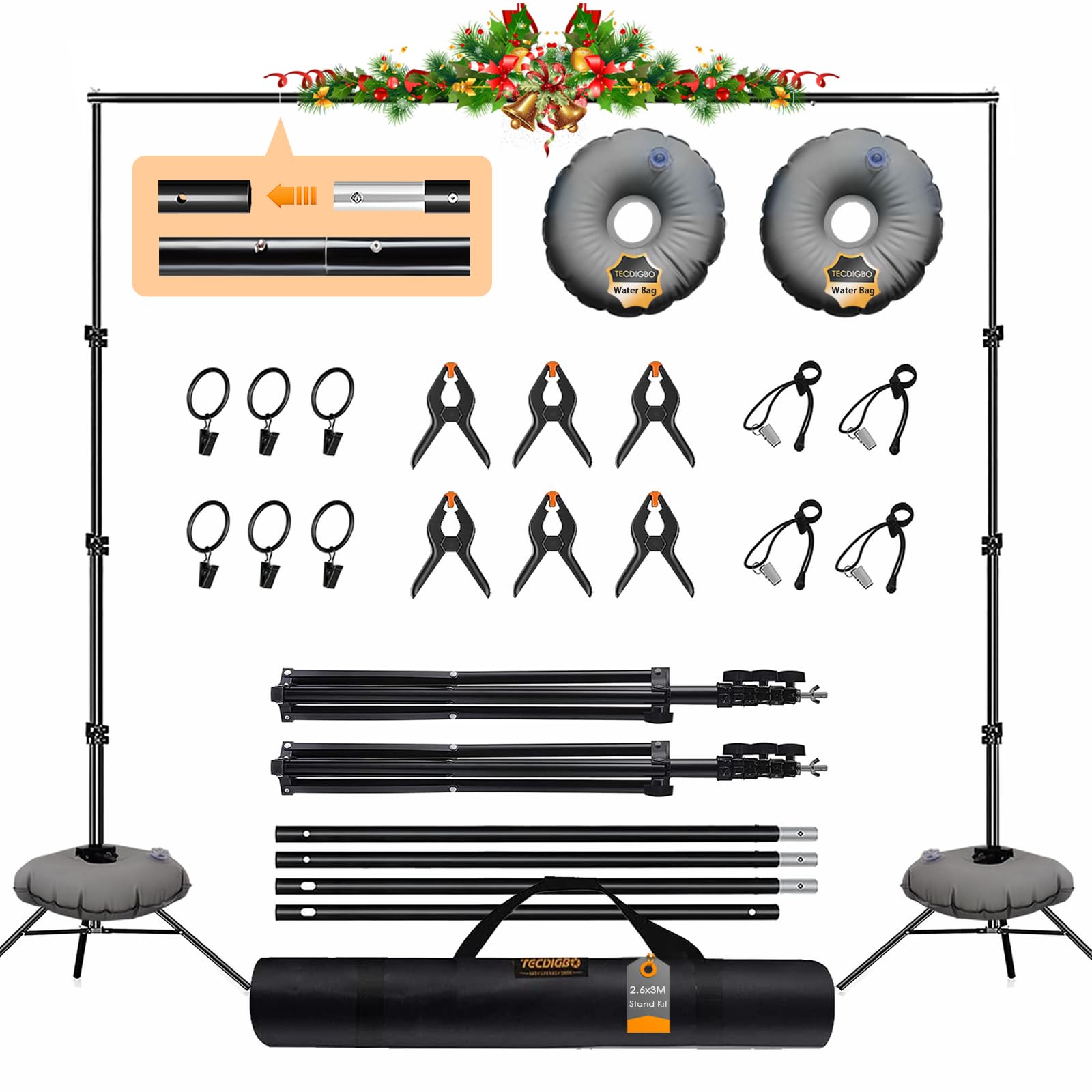 Backdrop Stand, Photo Video Studio 8.5 x10ft Adjustable Support Portable Backdrop Stand Heavy Duty for Photoshoot, Parties, Projector Screen with 2 Water Bag, 6 Backdrop Clips,6 Curtain Ring Clip